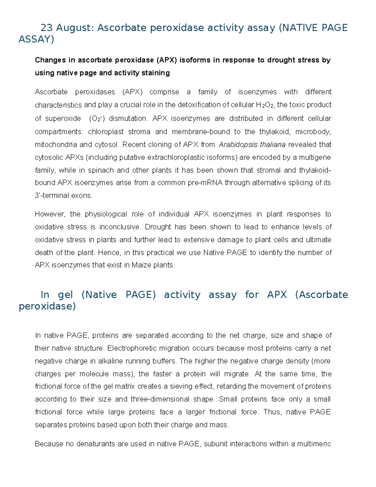 APX Nativepage Assay - Practical notes - 23 August: Ascorbate ...