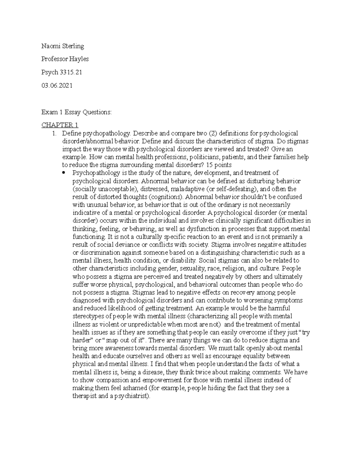 Abnormal Psychology Exam 1Essays - Naomi Sterling Professor Hayles ...