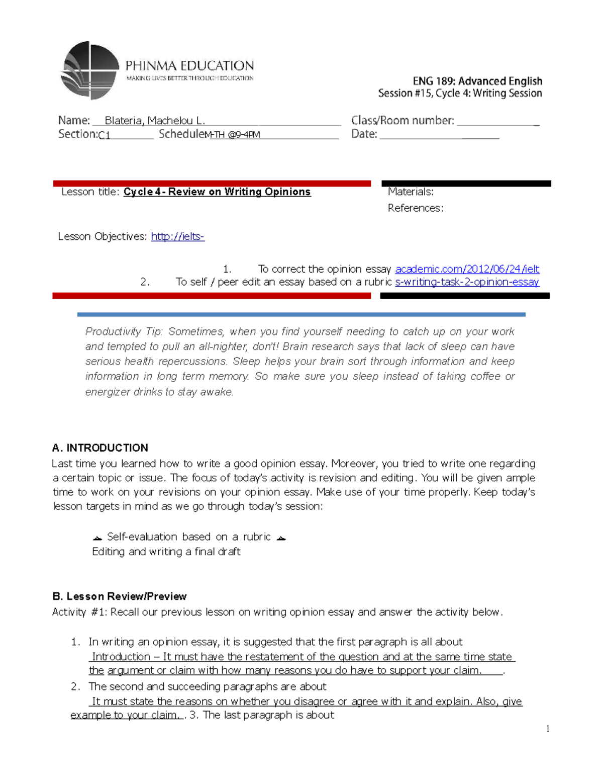 SAS 15 - english note - Lesson title: Cycle 4- Review on Writing ...