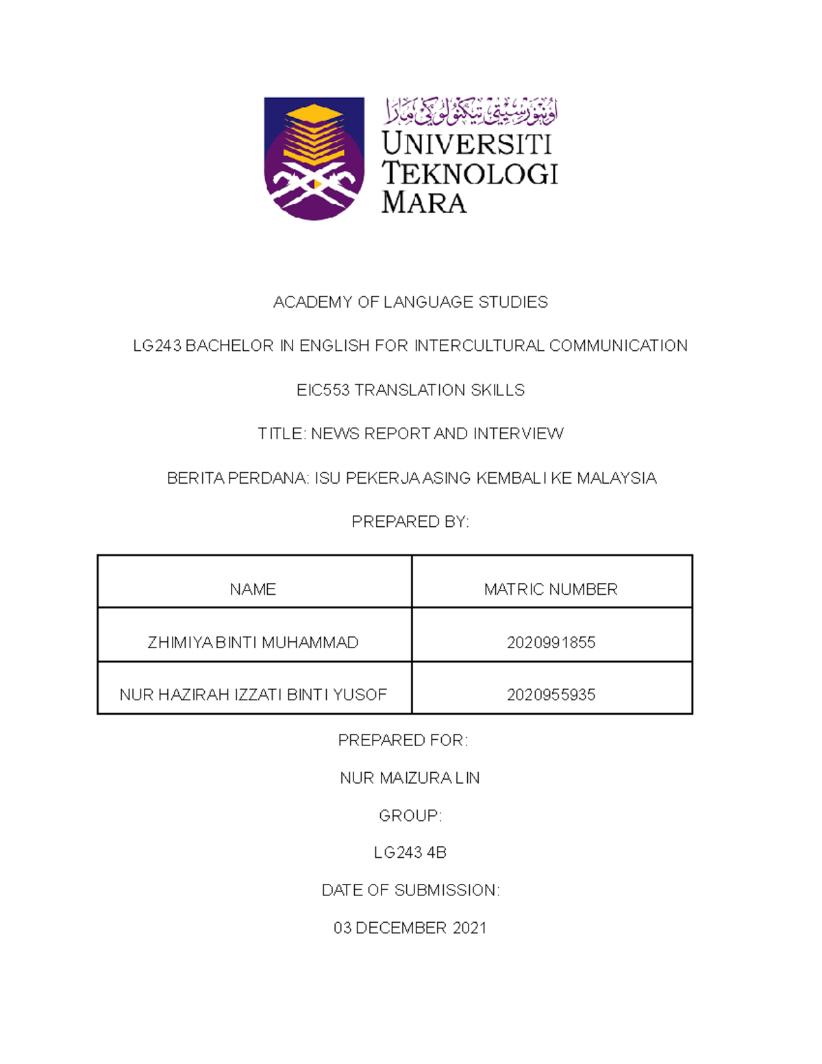 EIC553 News Report Pairwork Assignment 1 (20%) - ACADEMY OF LANGUAGE ...