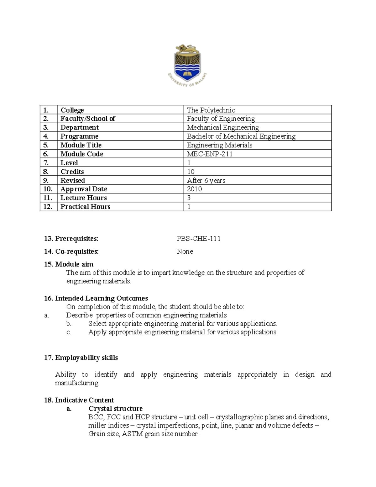 Engineering Materials Course Outline - College The Polytechnic Faculty ...