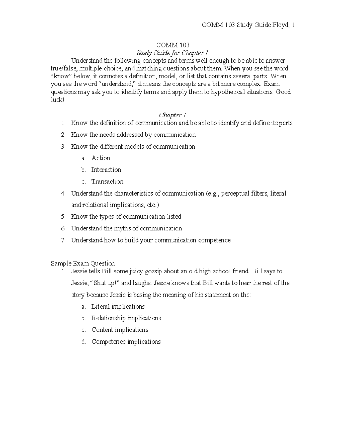 COMM 103 Floyd Chapter 1 Study Guide - COMM 103 Study Guide Floyd, 1 ...