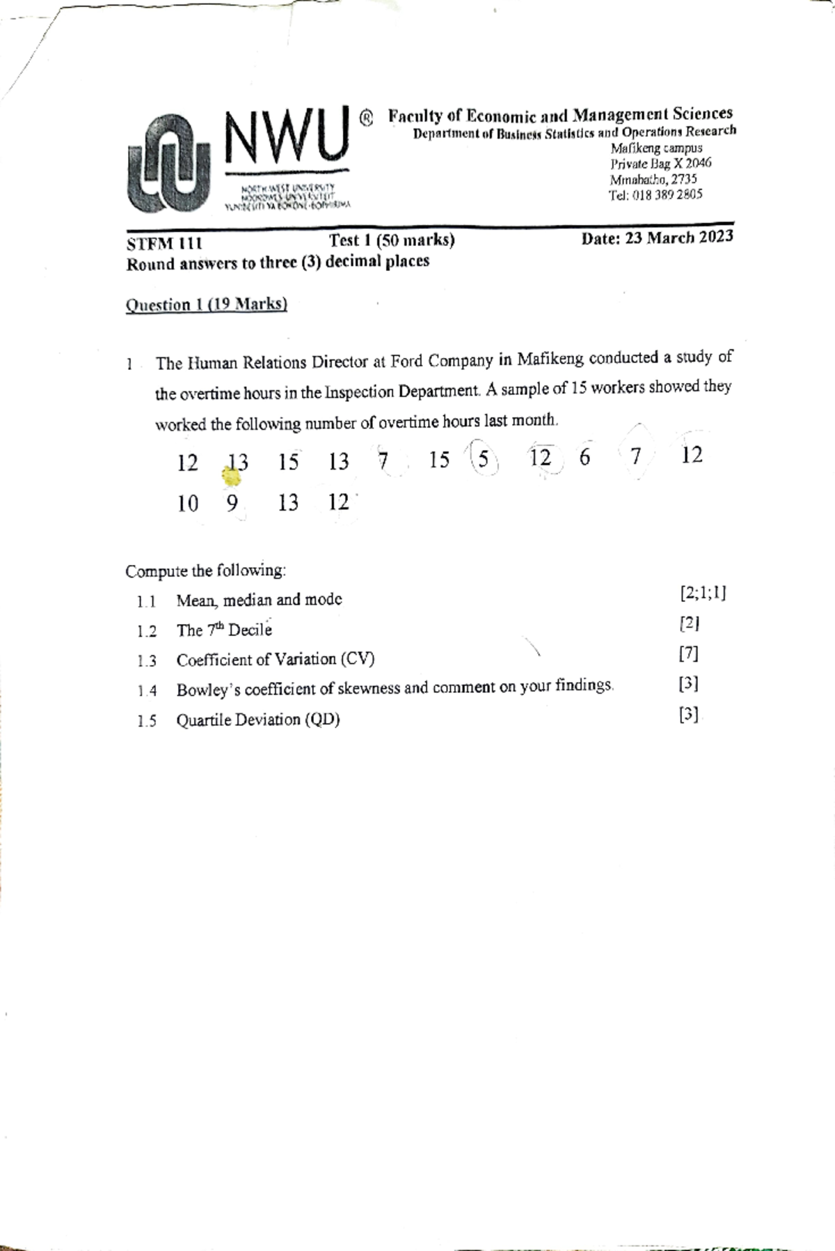 Stfm 111 test one 2023 - Stfm 111 test one - STFM 111 Question l (19 ...