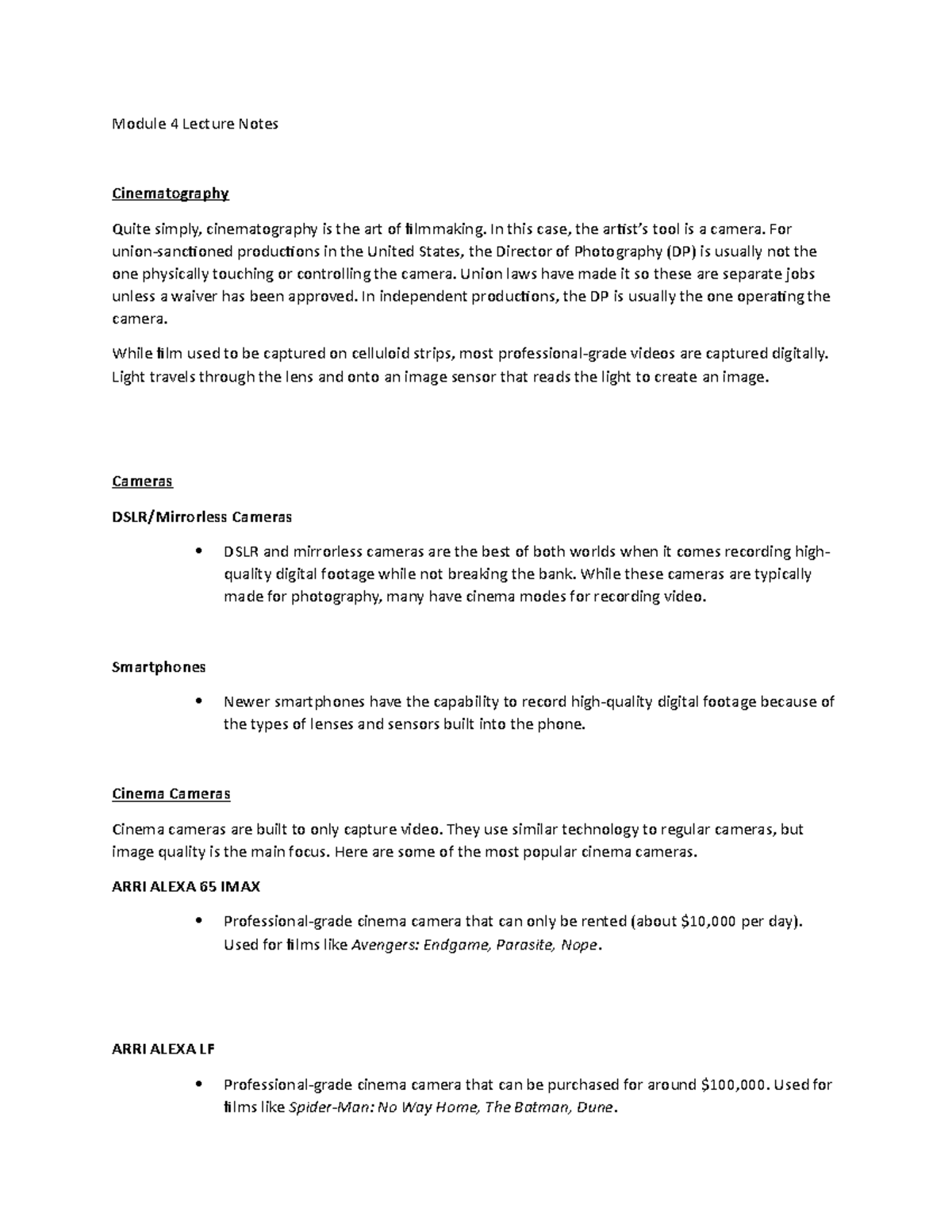 Module 4 Lecture Notes Module 4 Lecture Notes Cinematography Quite Simply Cinematography Is