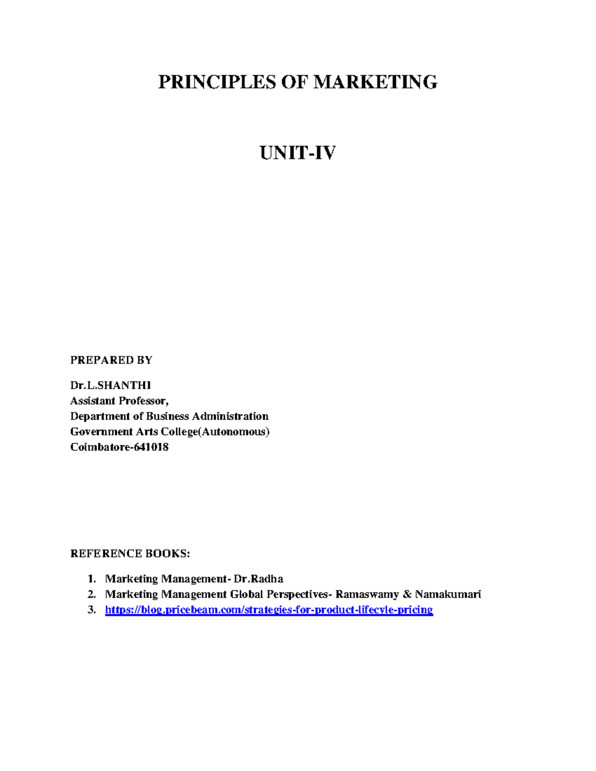 18BIB24C-U4 - PRINCIPLES OF MARKETING UNIT-IV PREPARED BY Dr.L ...