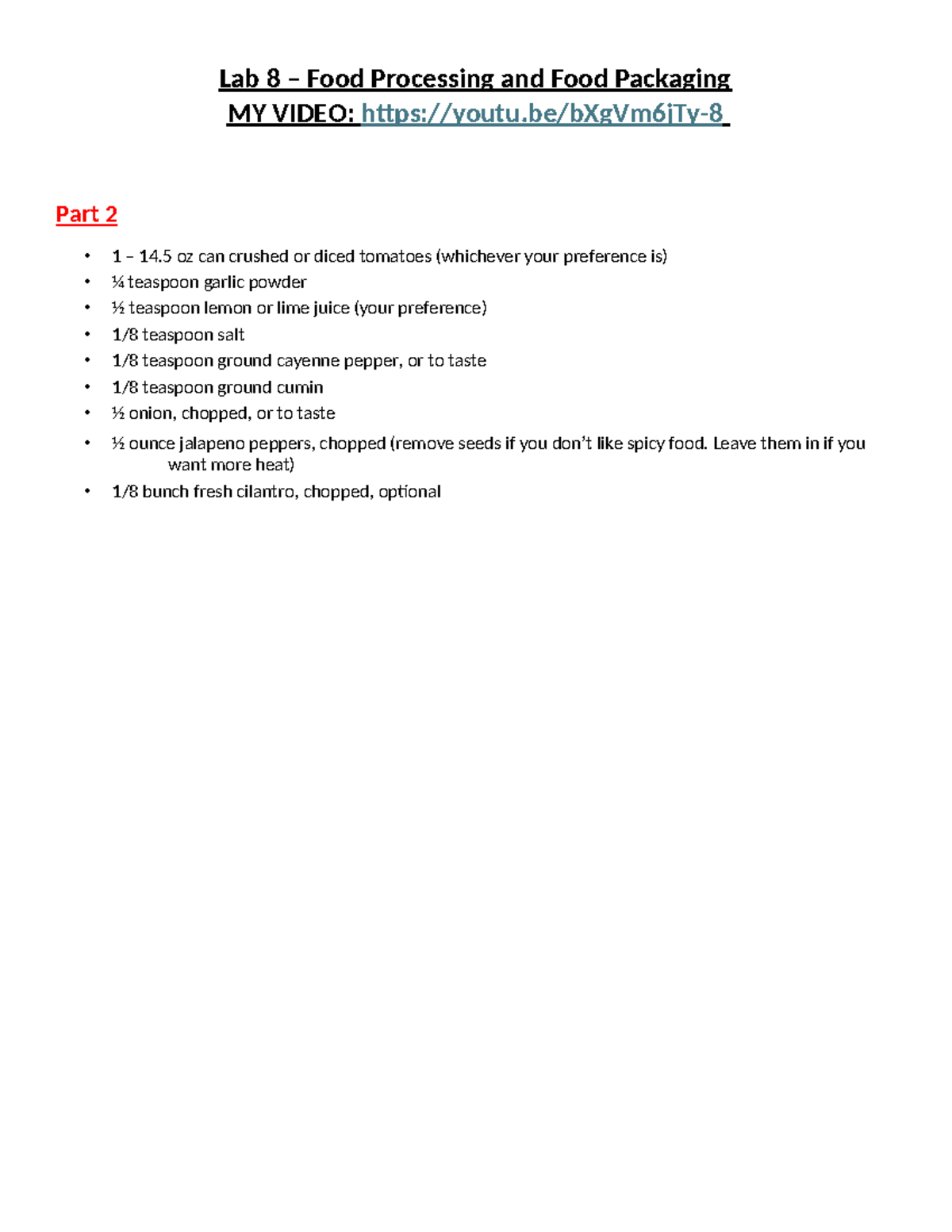 Lab 8 - food processing and food packaging - Lab 8 – Food Processing ...
