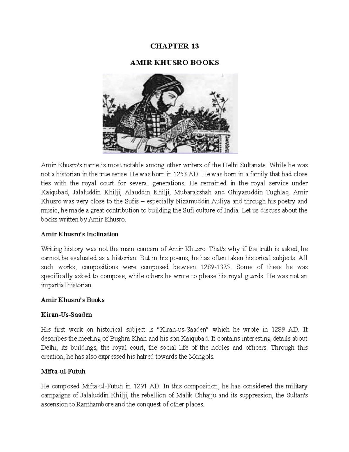 Chapter 13 AMIR Khusro Books - CHAPTER 13 AMIR KHUSRO BOOKS Amir Khusro's name is most notable ...