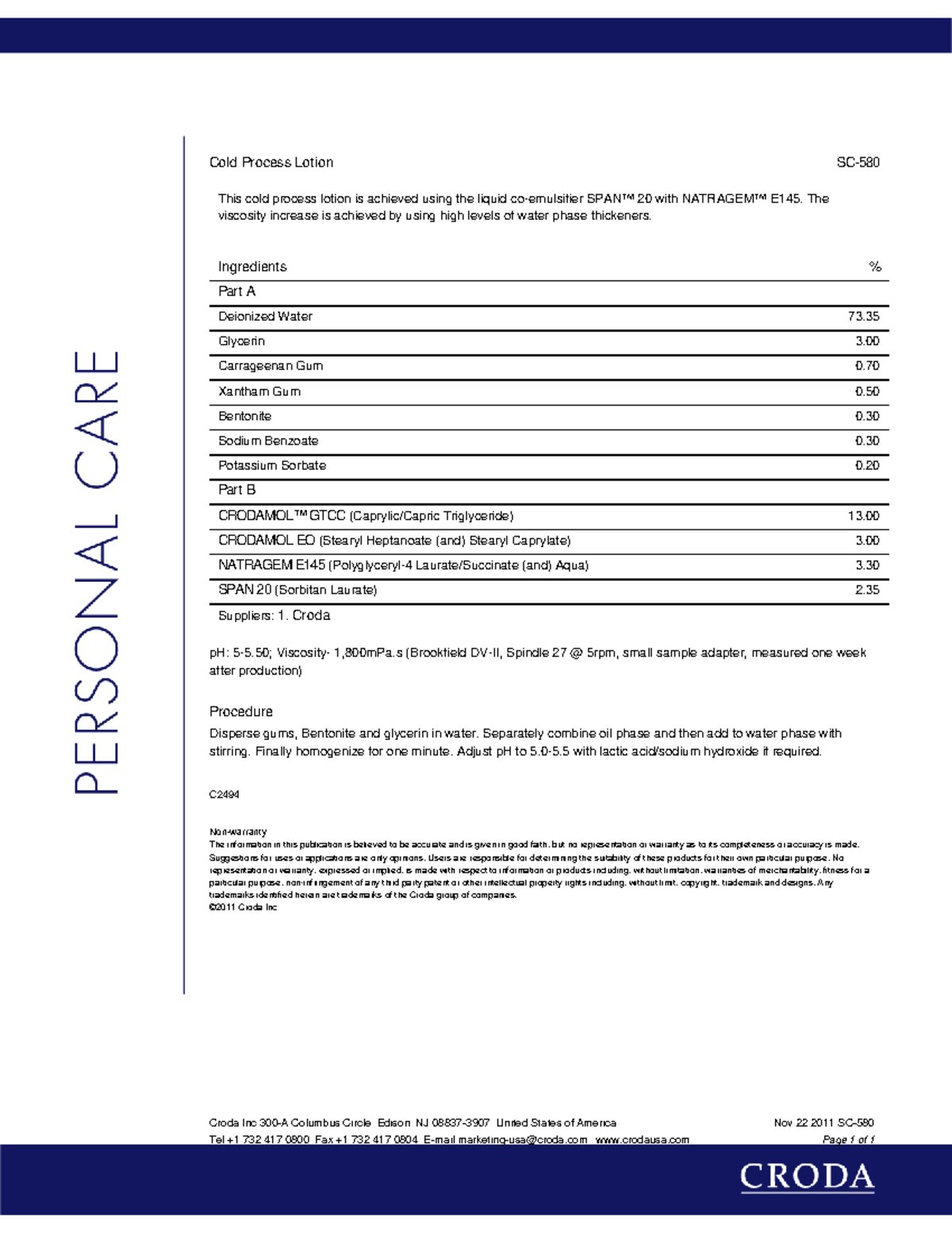 Cold Process Lotion SC-580 - Croda Inc 300-A Columbus Circle Edison NJ ...