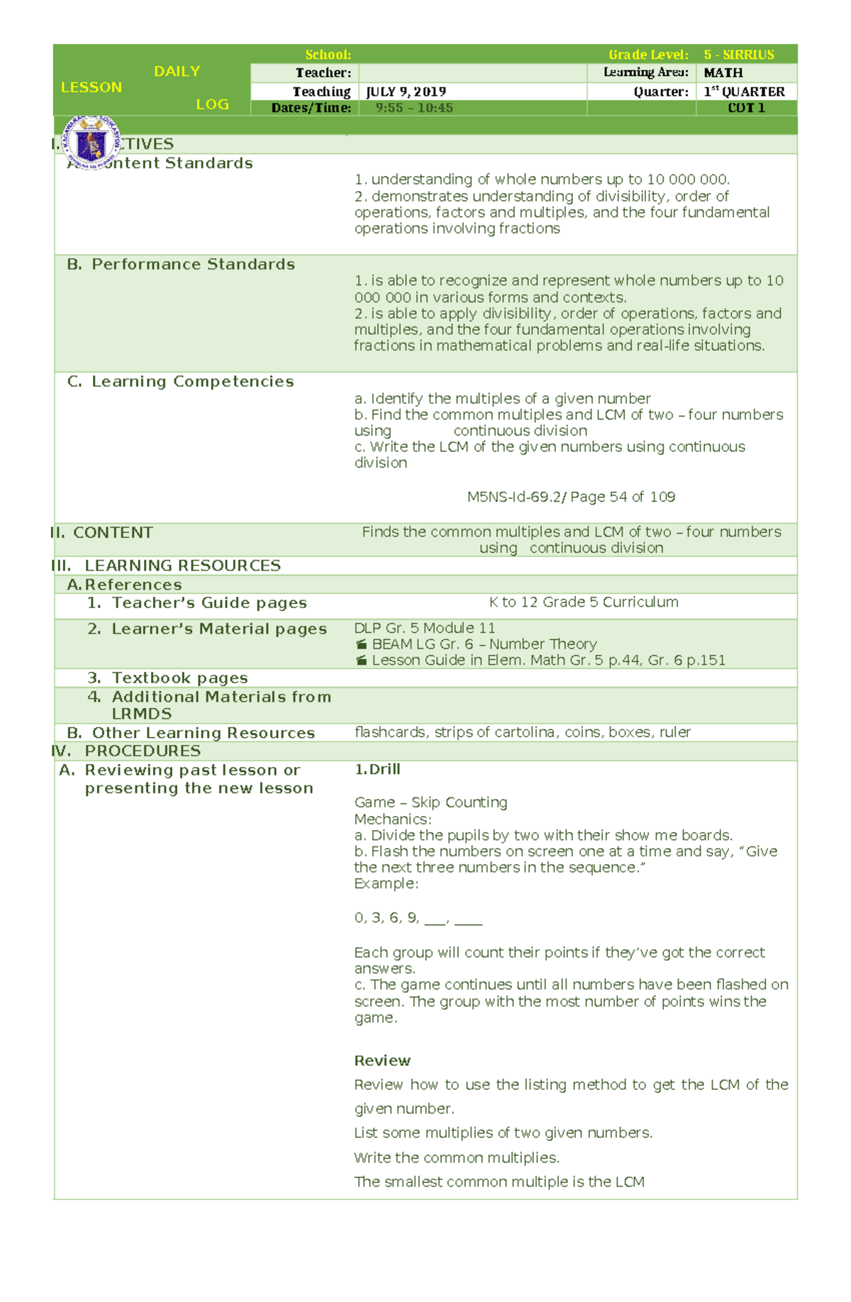 Math COT 1 DLP LCM - I. OBJECTIVES A. Content Standards 1 ...