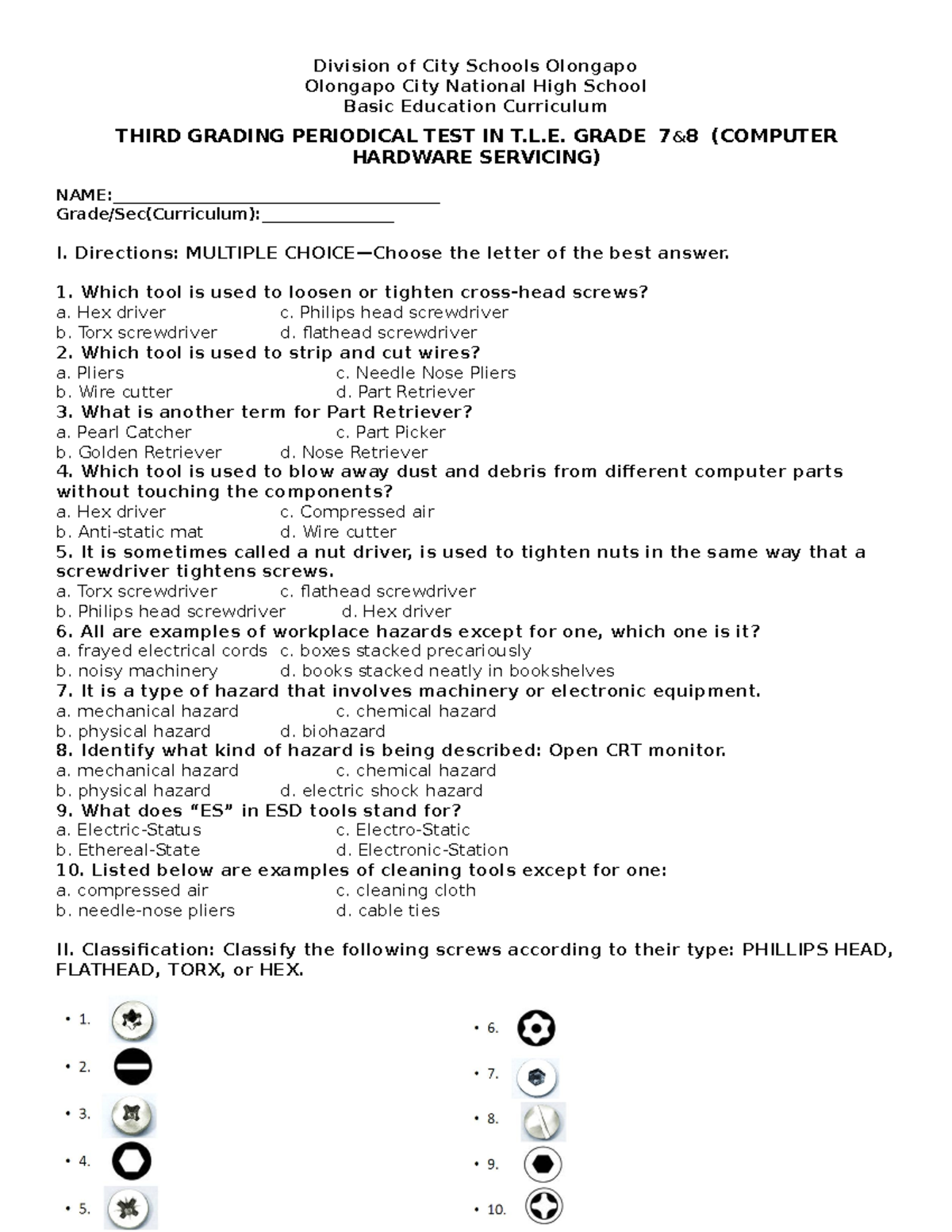 272820764 3rd Grading Periodical Test in in TLE 7 8 Computer Hardware ...