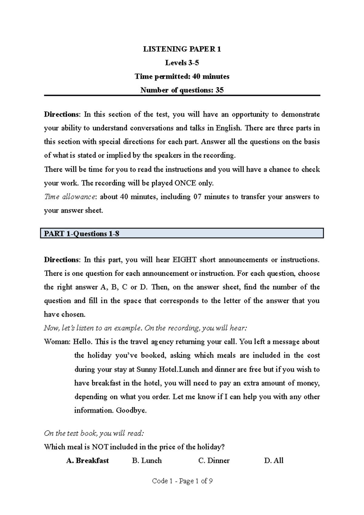 Dhnhhcm Vstep Listening 3 5 TEST 1 - LISTENING PAPER 1 Levels 3- Time ...