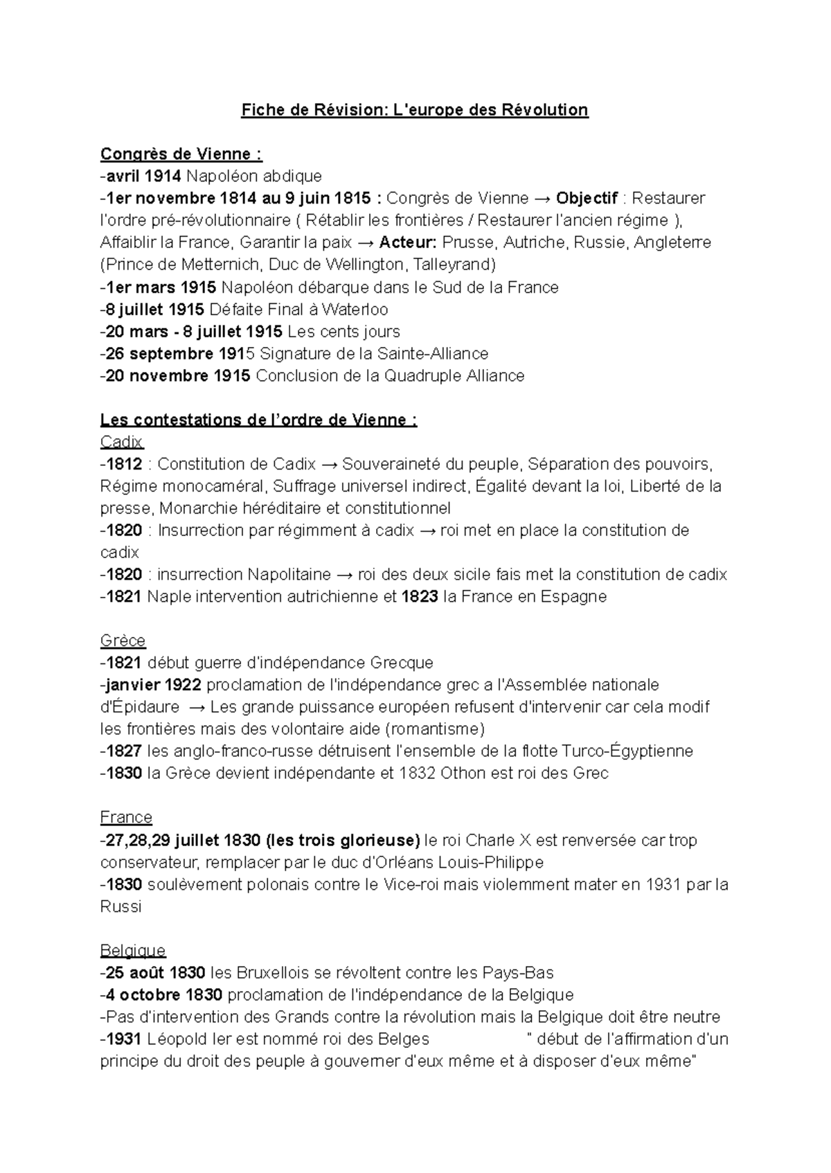 Fiche Chrono Révision L'europe des Révolution - Fiche de Révision: L ...