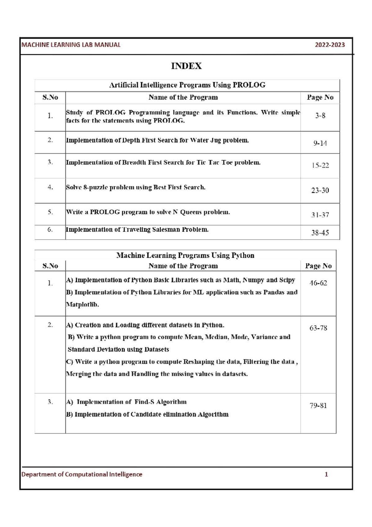 Artificial Intelligence and Machine Learning Lab Manual - MACHINE ...