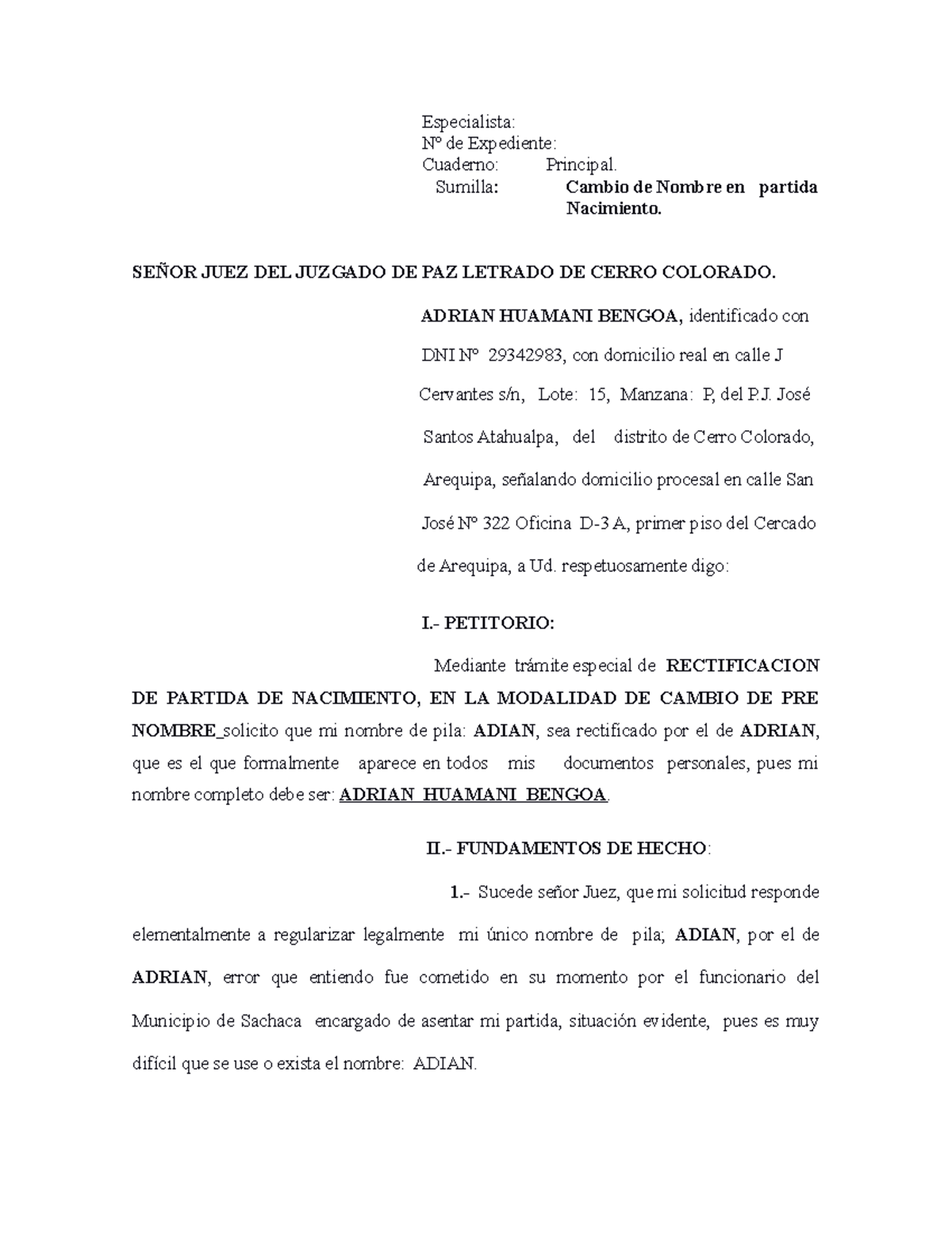 Adrian Huamani Bengoa, Rectf. de Part. de Nac. 2015 - Especialista: Nº ...