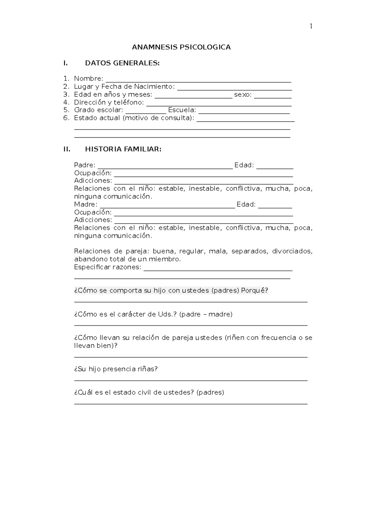 Anamnesis de pruebas psicologicas I - ANAMNESIS PSICOLOGICA I. DATOS ...