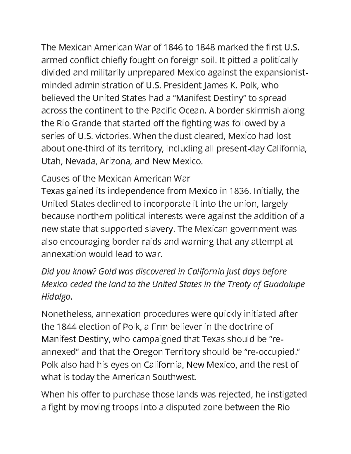 Mexican American War - Lecture Notes - The Mexican American War of 1846 ...