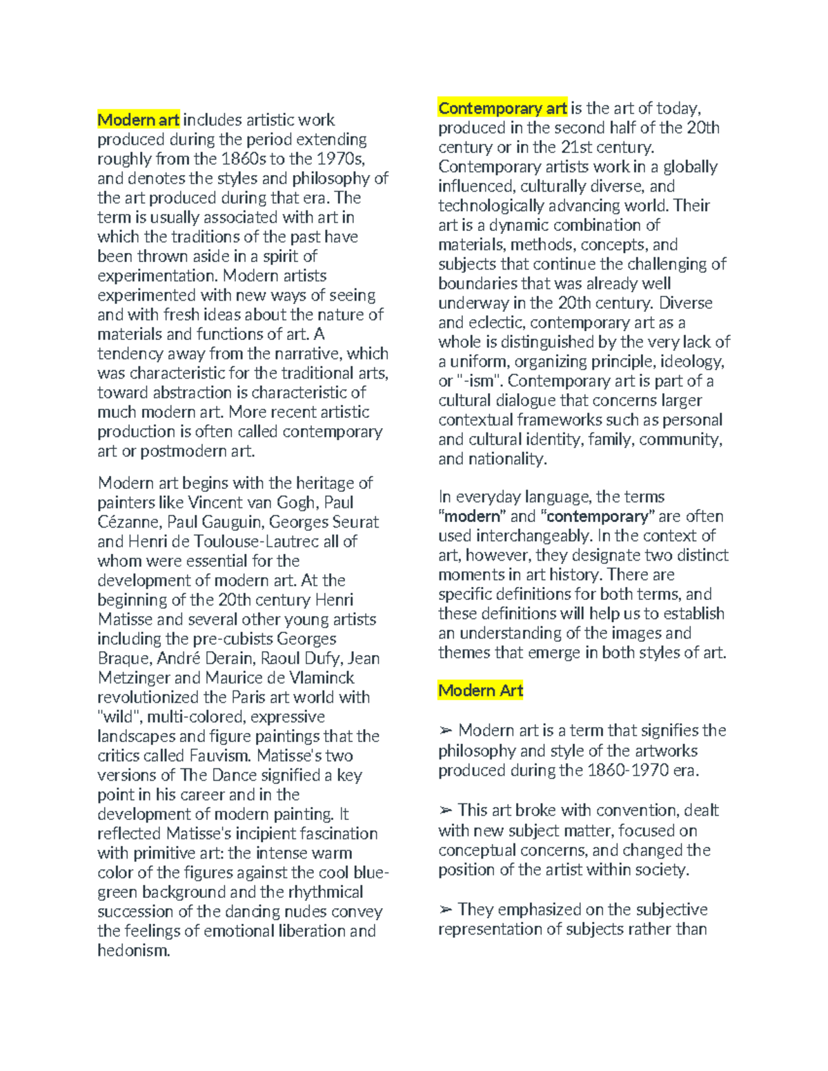 Arts final exam travel and tour - Modern art includes artistic work ...