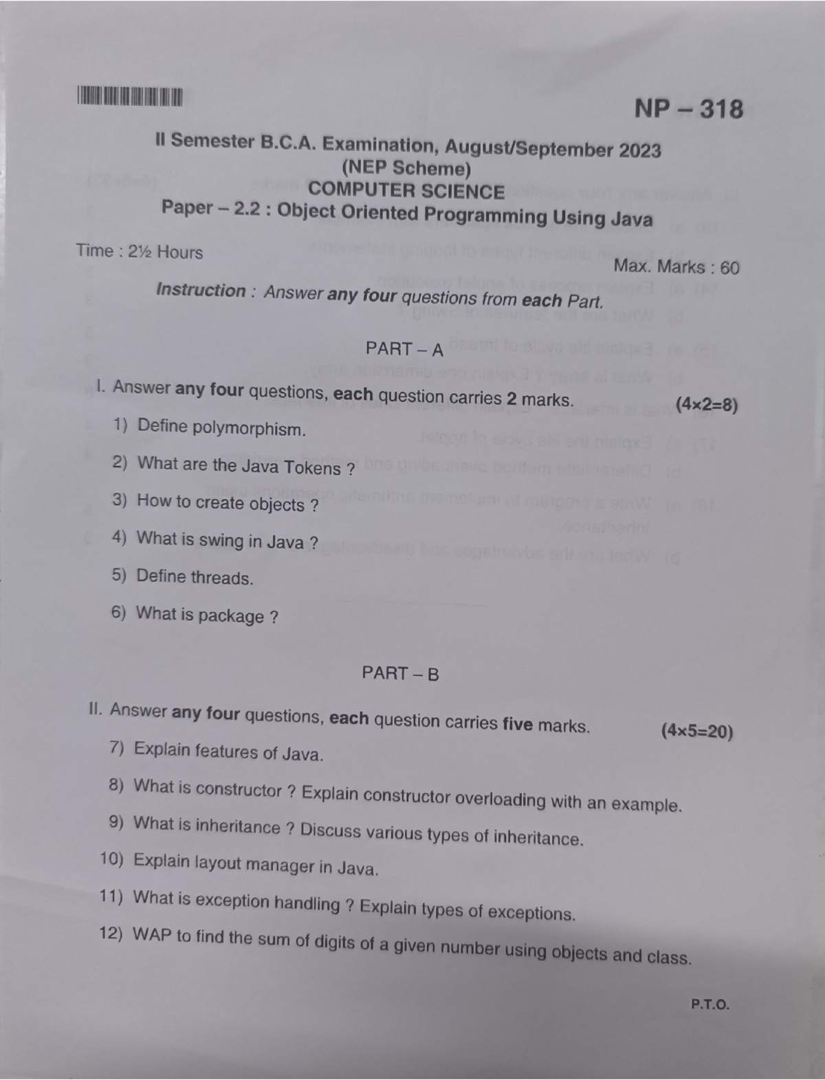 2023- Question Paper - NP I 318 II Semester B.C. Examination, 2023 (NEP Scheme) COMPUTER SCIENCE ...