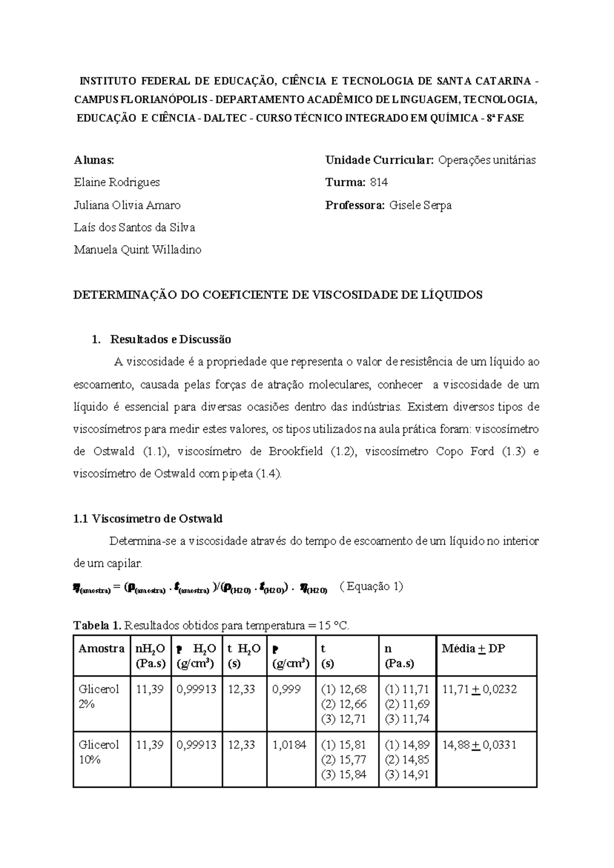 Relatório aula prática de viscosidade - INSTITUTO FEDERAL DE EDUCAÇÃO ...