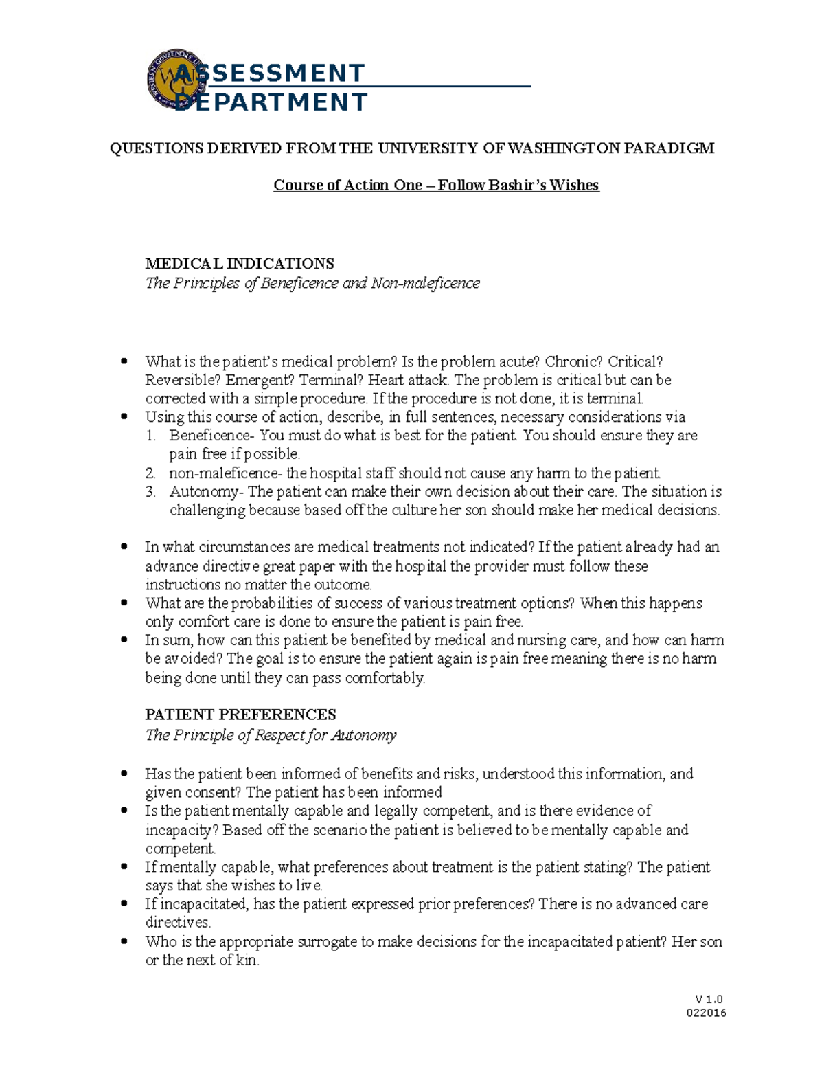 Questions Derived from the University of Washington Paradigm ...