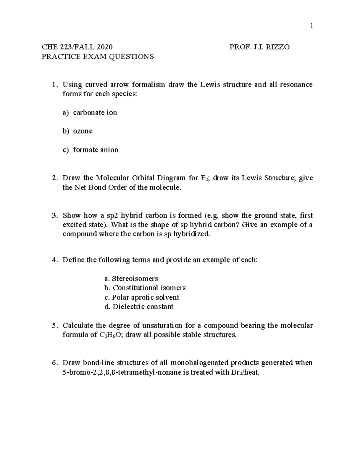 Practice EXAM 1 - CHE 223/FALL 2020 PROF. J. RIZZO PRACTICE EXAM ...