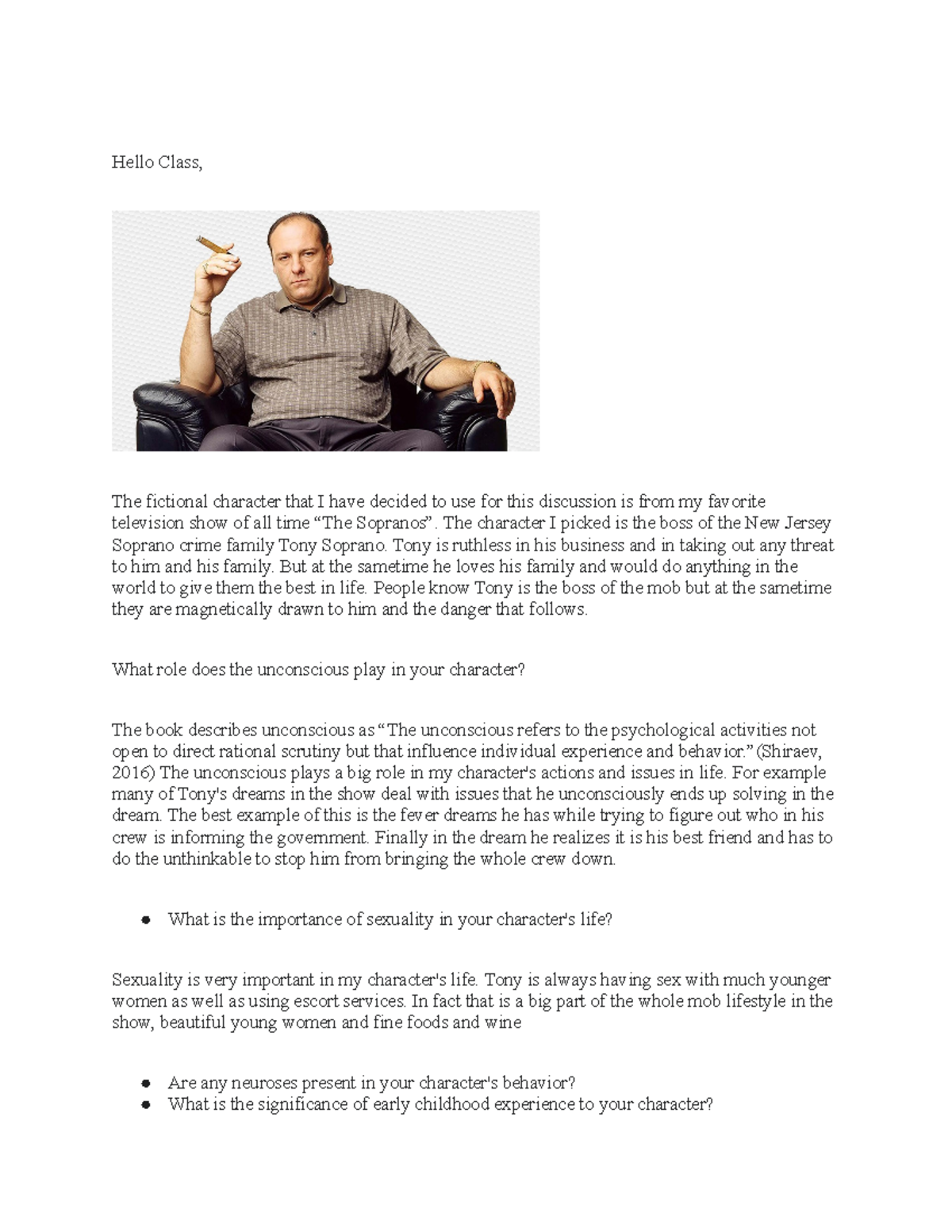 Untitled document - Discussion topic 40/40 - Hello Class, The fictional ...