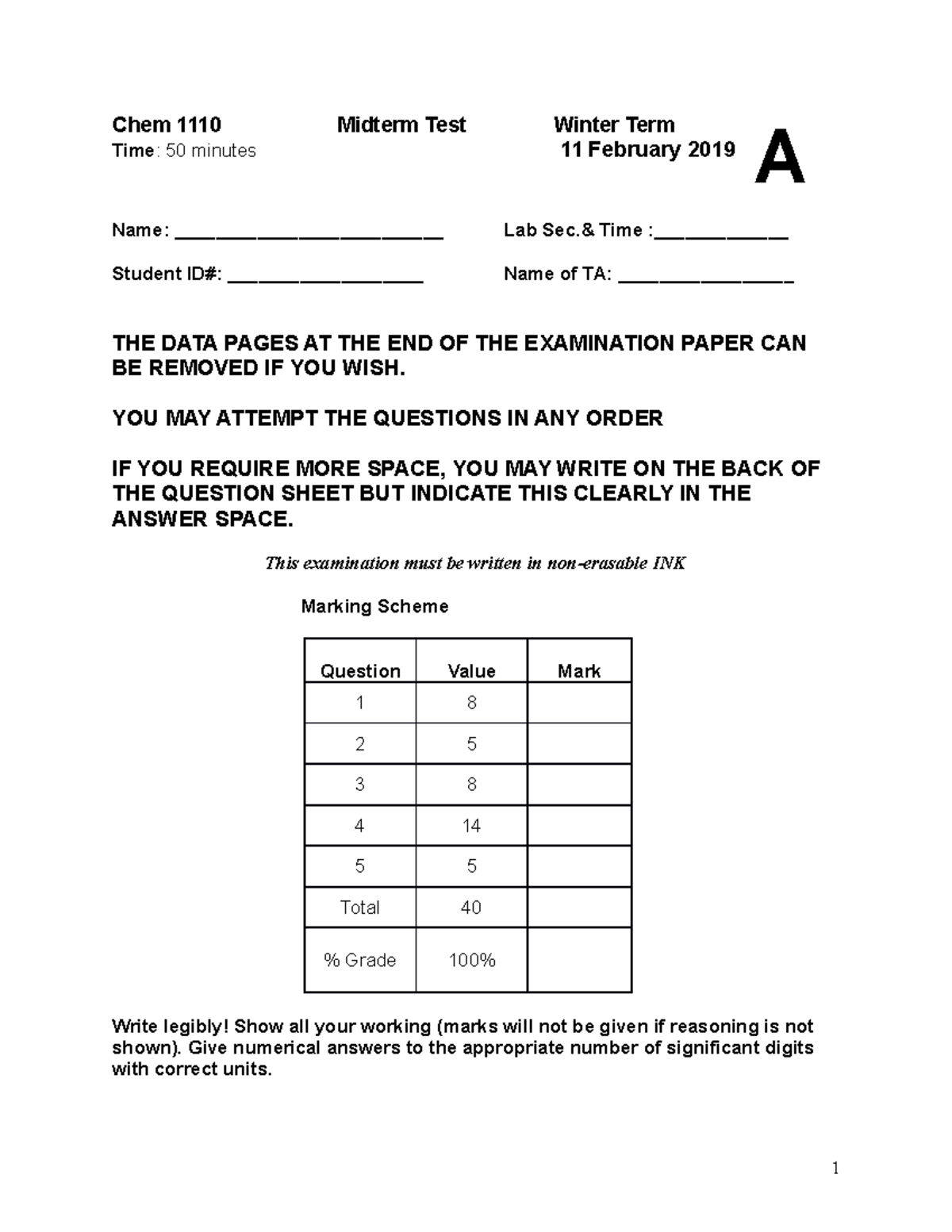 Midterm January 2019, questions - Chem 1110 Midterm Test Winter Term ...