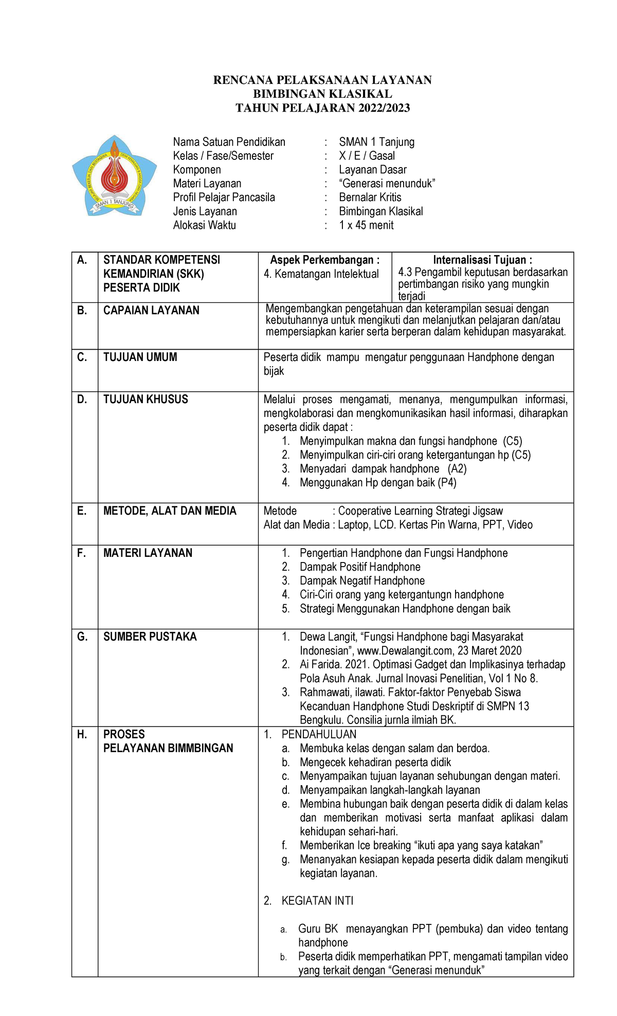 RPL Klasikal Handphone - RENCANA PELAKSANAAN LAYANAN BIMBINGAN KLASIKAL ...