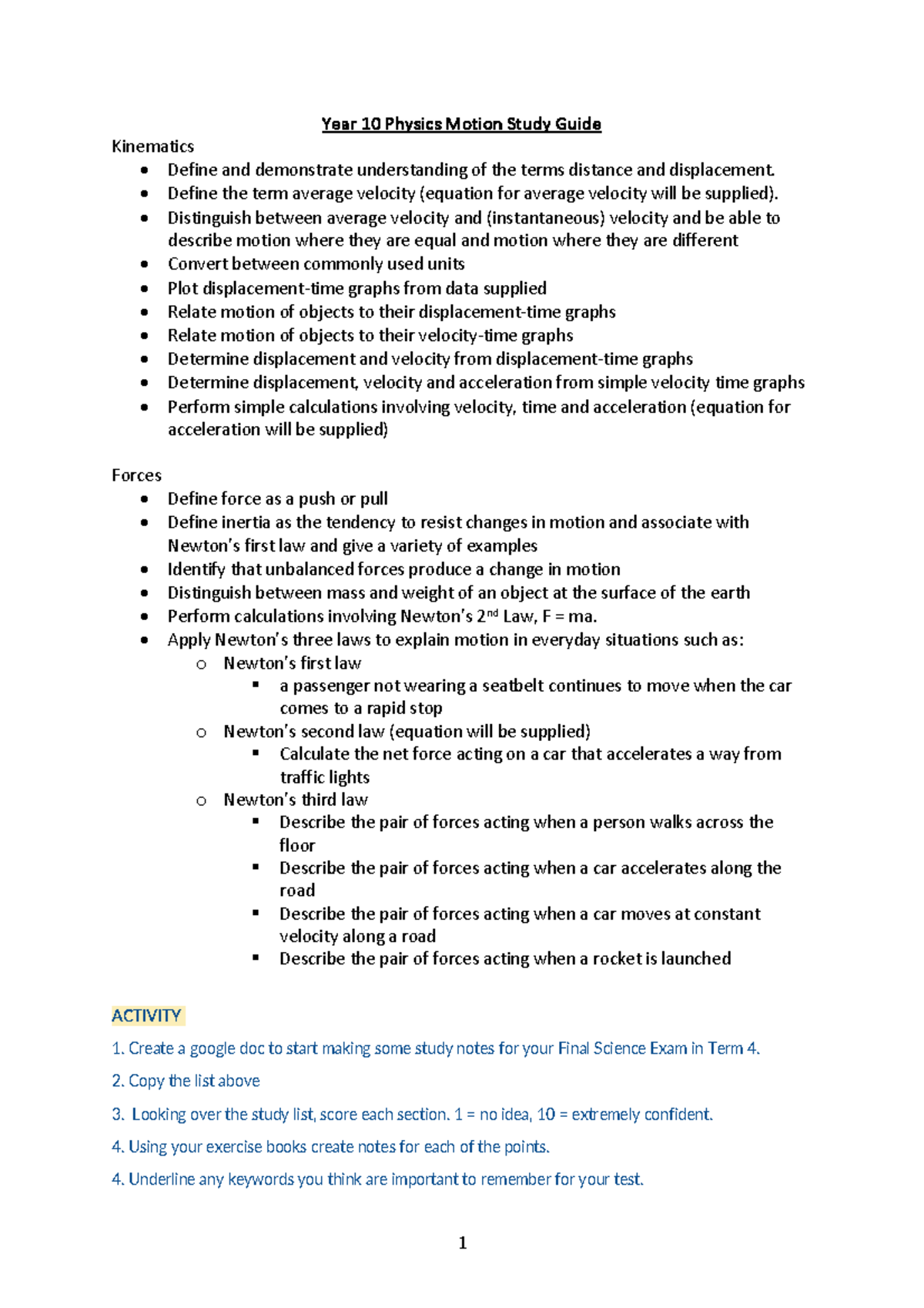 2023 Physics- Motion Study Guide - 1 Year 10 Physics Motion Study Guide ...