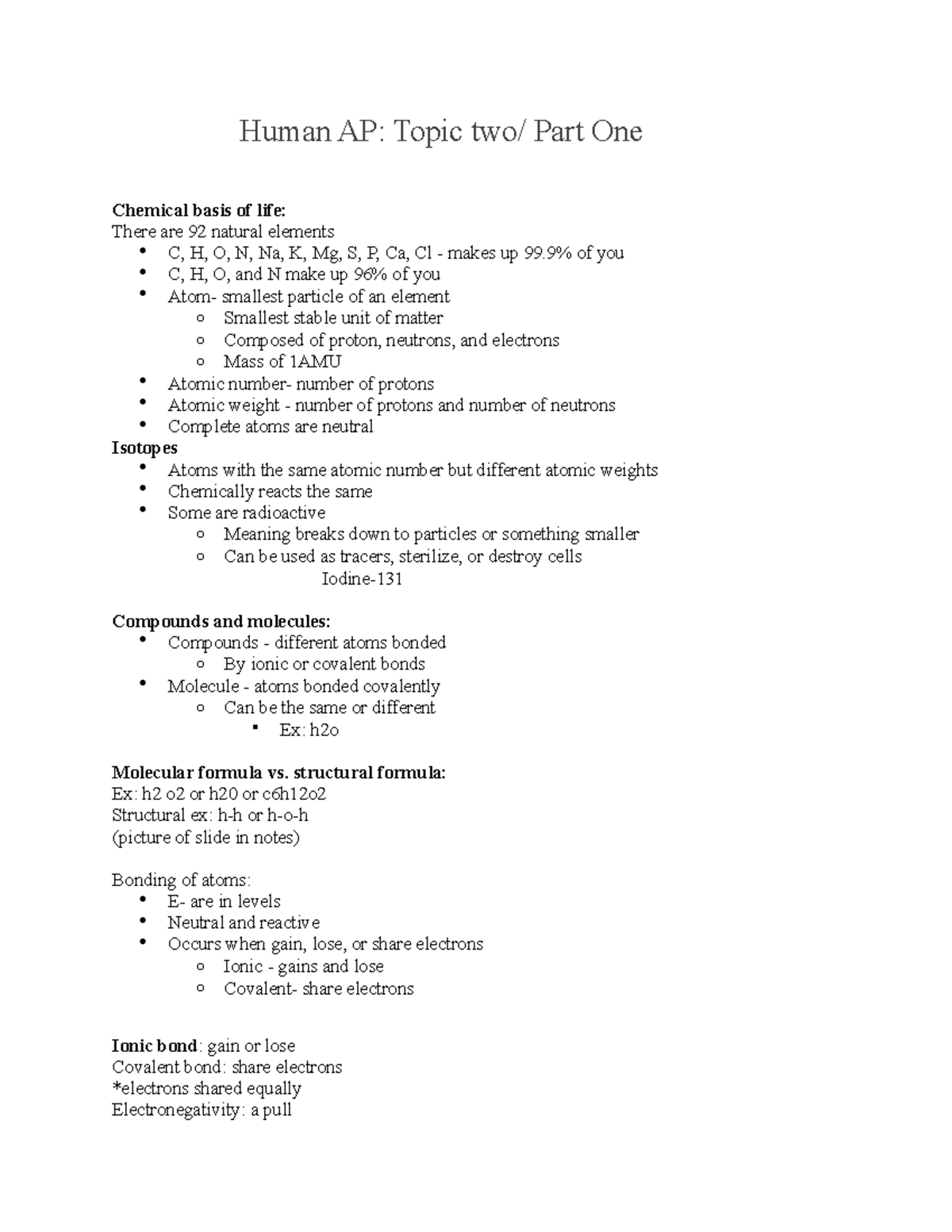 Human AP topic two part one - Human AP: Topic two/ Part One Chemical ...