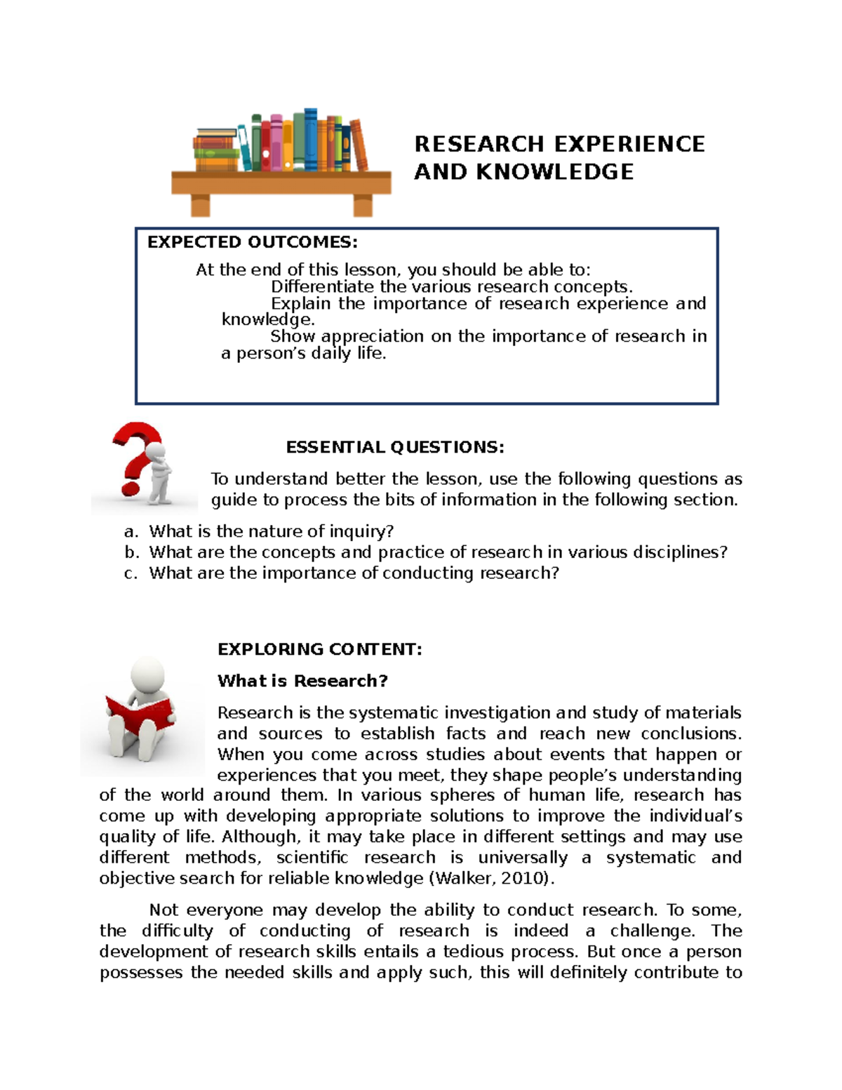 SLM 1 in Research Methodology - RESEARCH EXPERIENCE AND KNOWLEDGE ESSENTIAL QUESTIONS: To ...