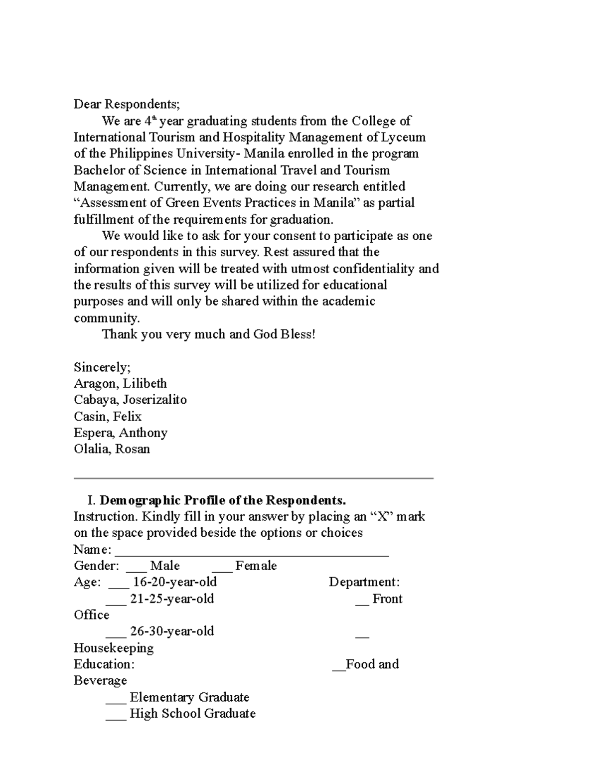 Sample Survey Instrument - Dear Respondents; We are 4th year graduating ...