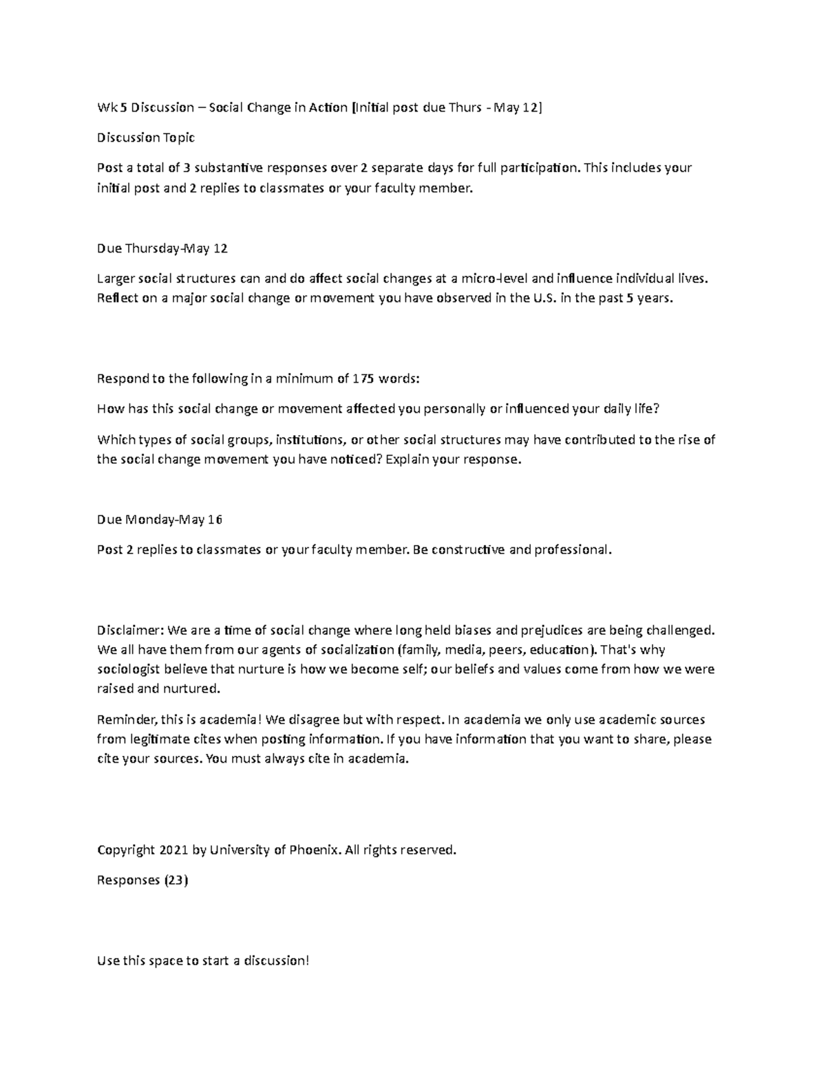 Week 5 discussion post assignment 4 - Wk 5 Discussion – Social Change ...