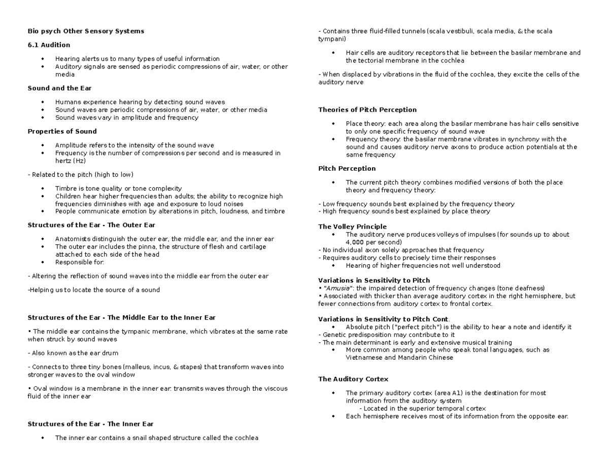Bio psych Other Sensory Systems - Variations in Sensitivity to Pitch ...