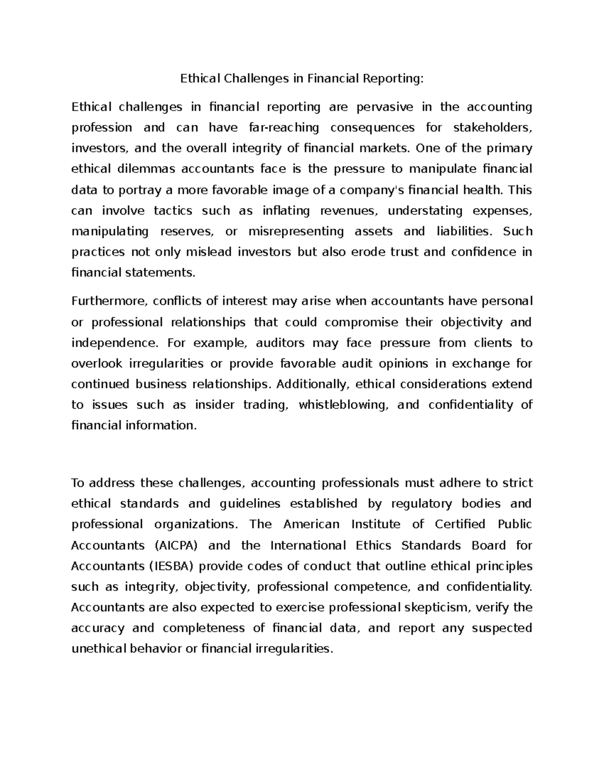 Ethical Challenges in Financial Reporting - One of the primary ethical ...