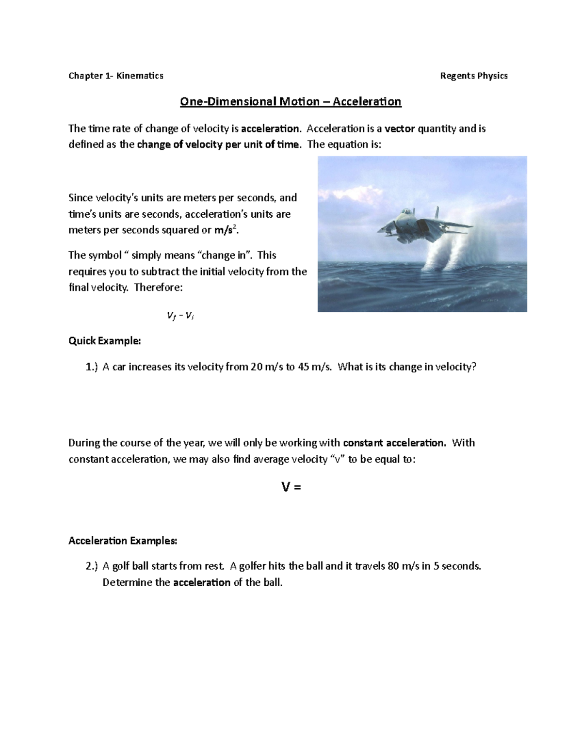Kinematics notes 4 - acceleration - Chapter 1- Kinematics Regents ...