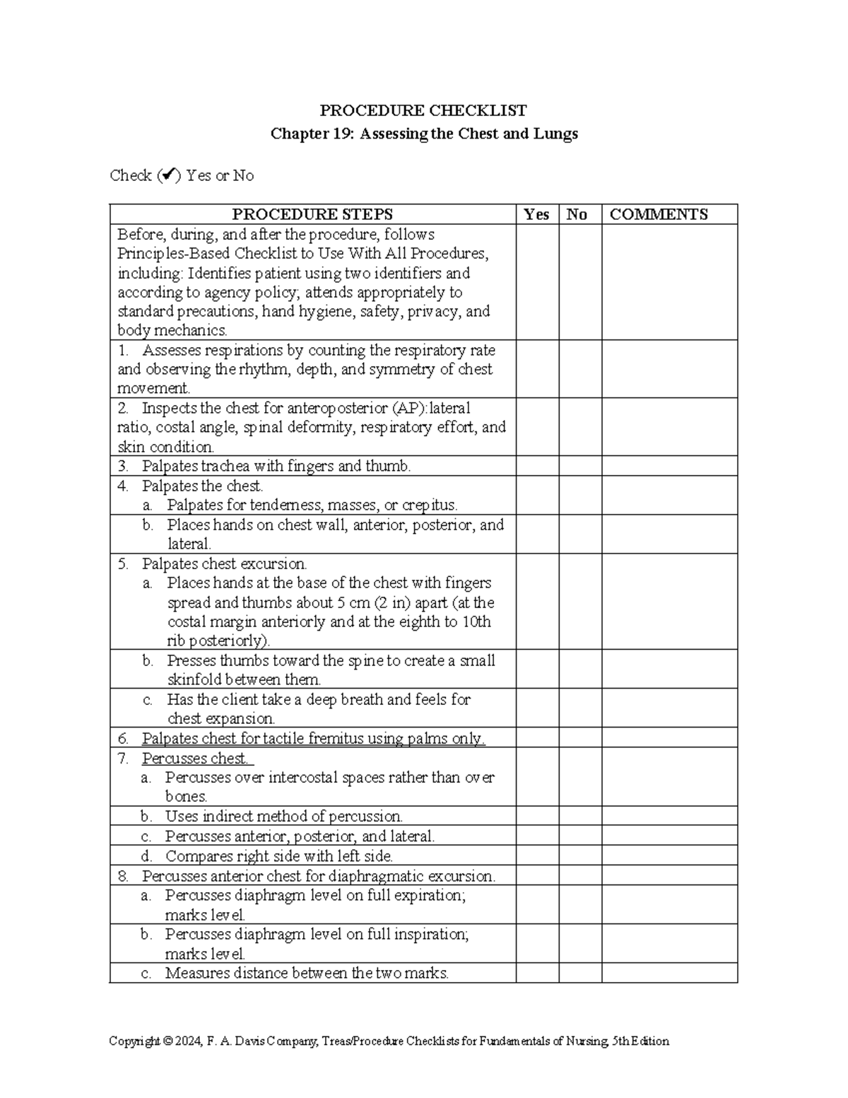 19-12 Assessing the Chest and Lungs - PROCEDURE CHECKLIST Chapter 19 ...
