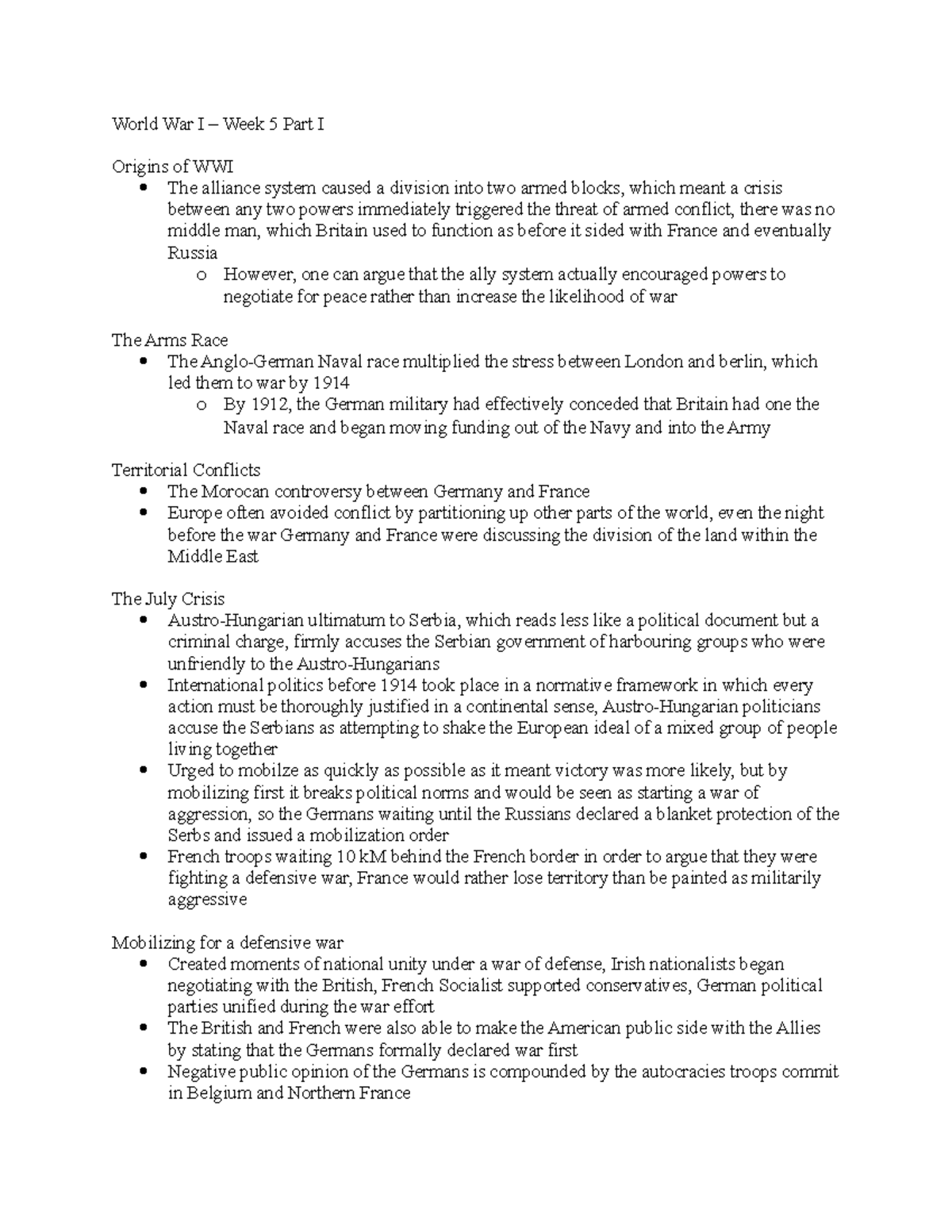 World War I – Week 5 Part I - World War I – Week 5 Part I Origins of ...