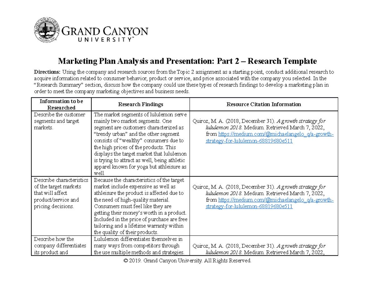 Marketing Plan Analysis and Presentation Part 2 Research Template ...
