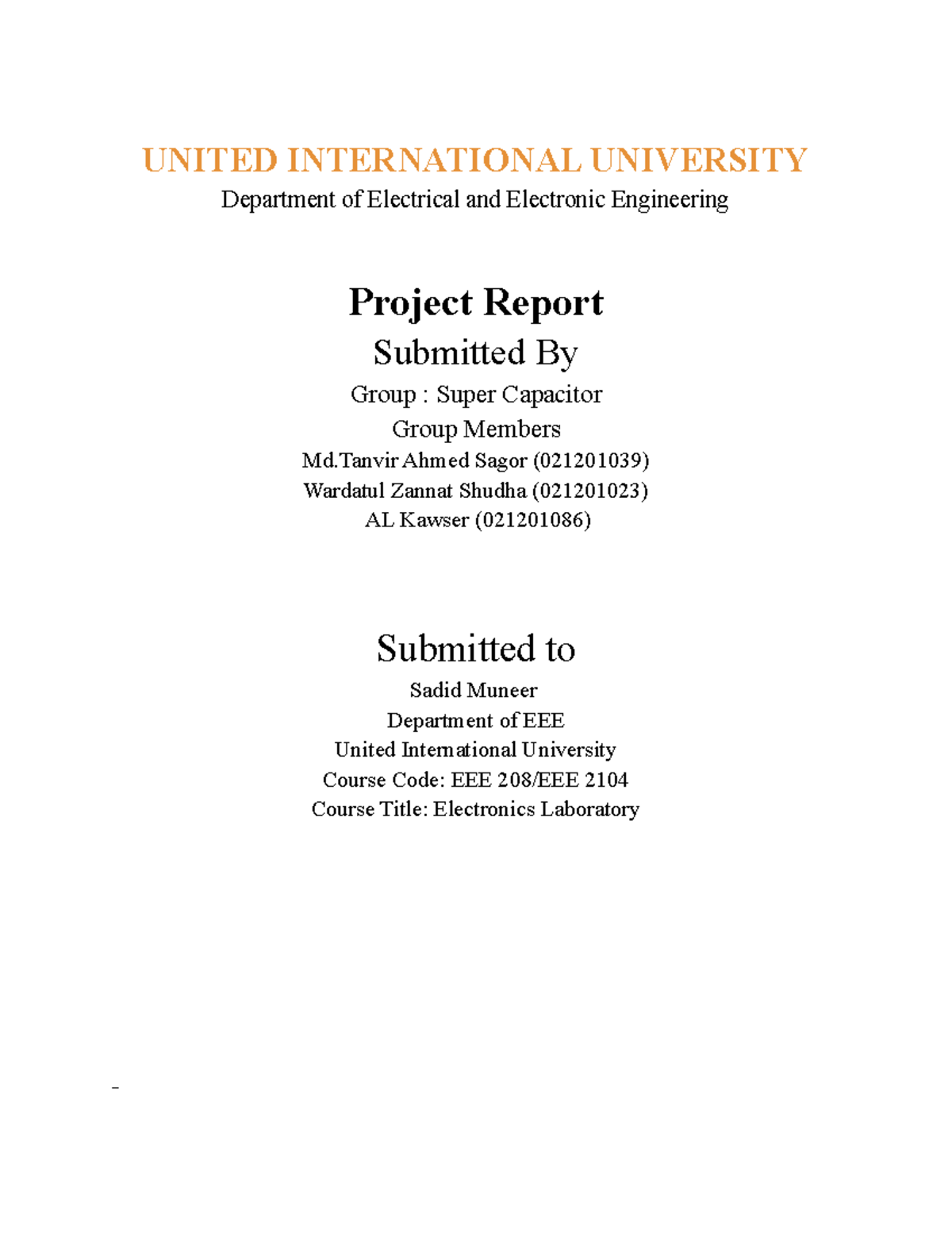 Project Report Group-Super Capacitor - UNITED INTERNATIONAL UNIVERSITY Department of Electrical ...