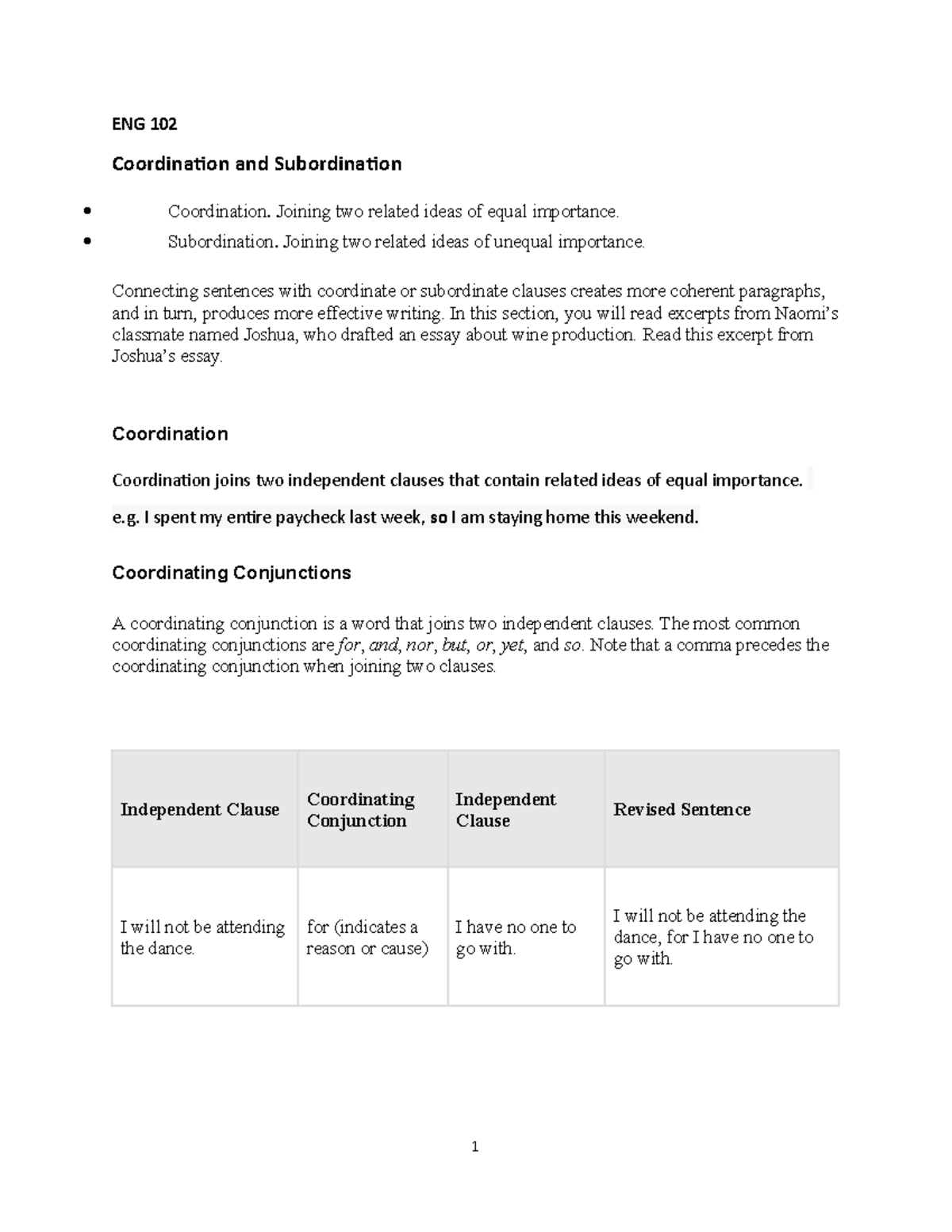 Notes -Conjunctions - 2022 - ENG 102 Coordination and Subordination ...