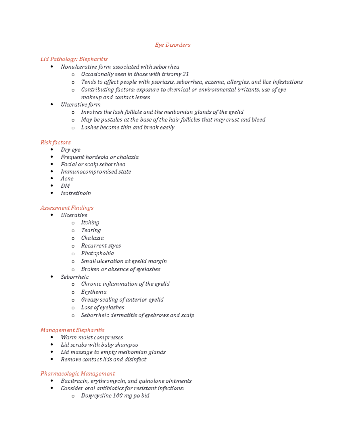 Eye Disorders - Notes off of lectures. Review of the entire module ...