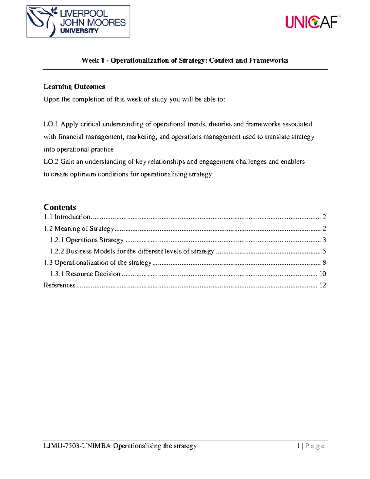 Week 1 Topic Overview - Week 1 - Operationalization of Strategy ...