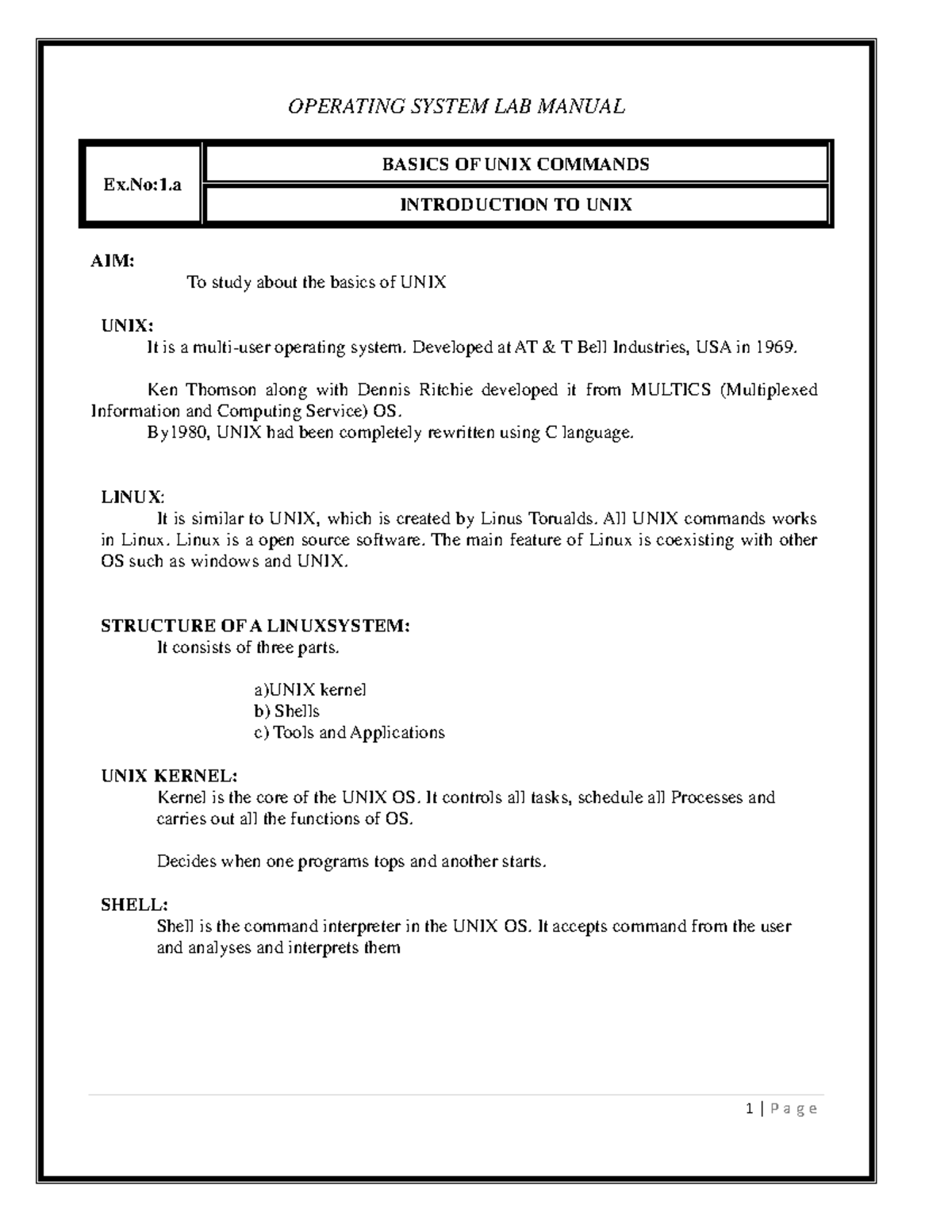 Os Lab Operating System Lab Manual Ex1 Basics Of Unix Commands Introduction To Unix Aim To 3444