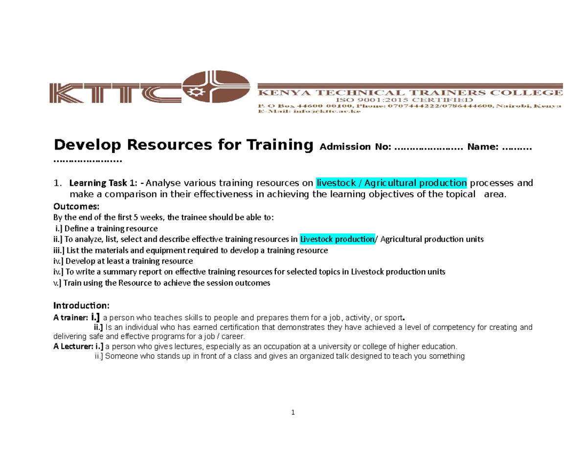 Developing Training Resources - Trainee Report - Develop Resources for ...