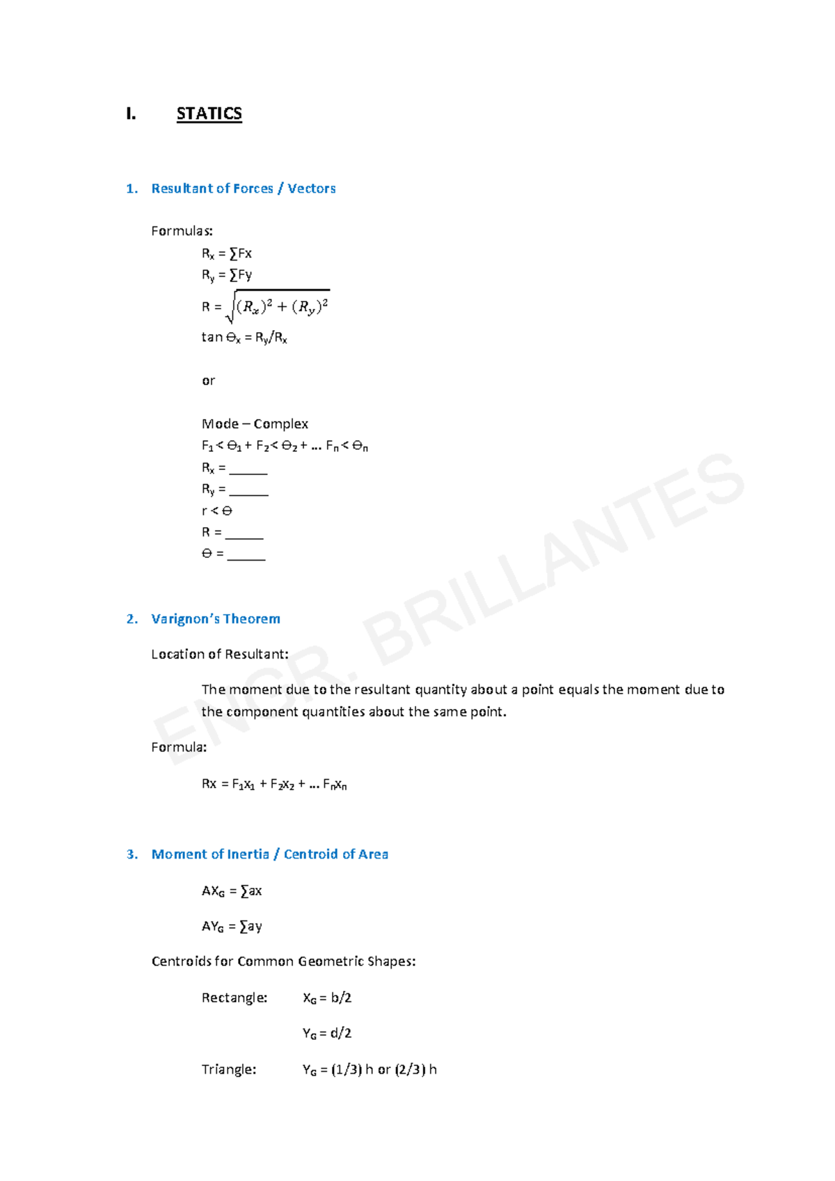 CE Review 2 Lesson 1 Statics - I. STATICS Resultant of Forces / Vectors ...