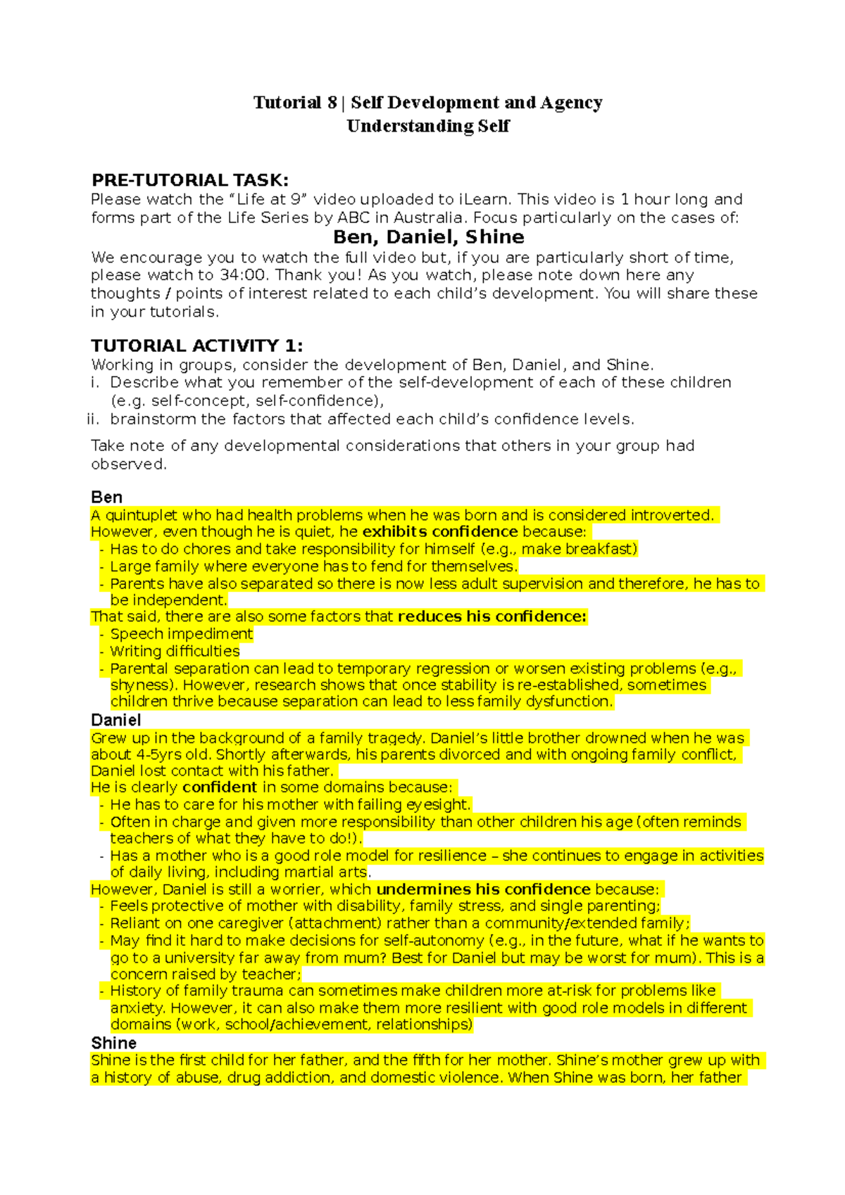 Booklet 8 Self Development - Tutorial 8 | Self Development and Agency ...