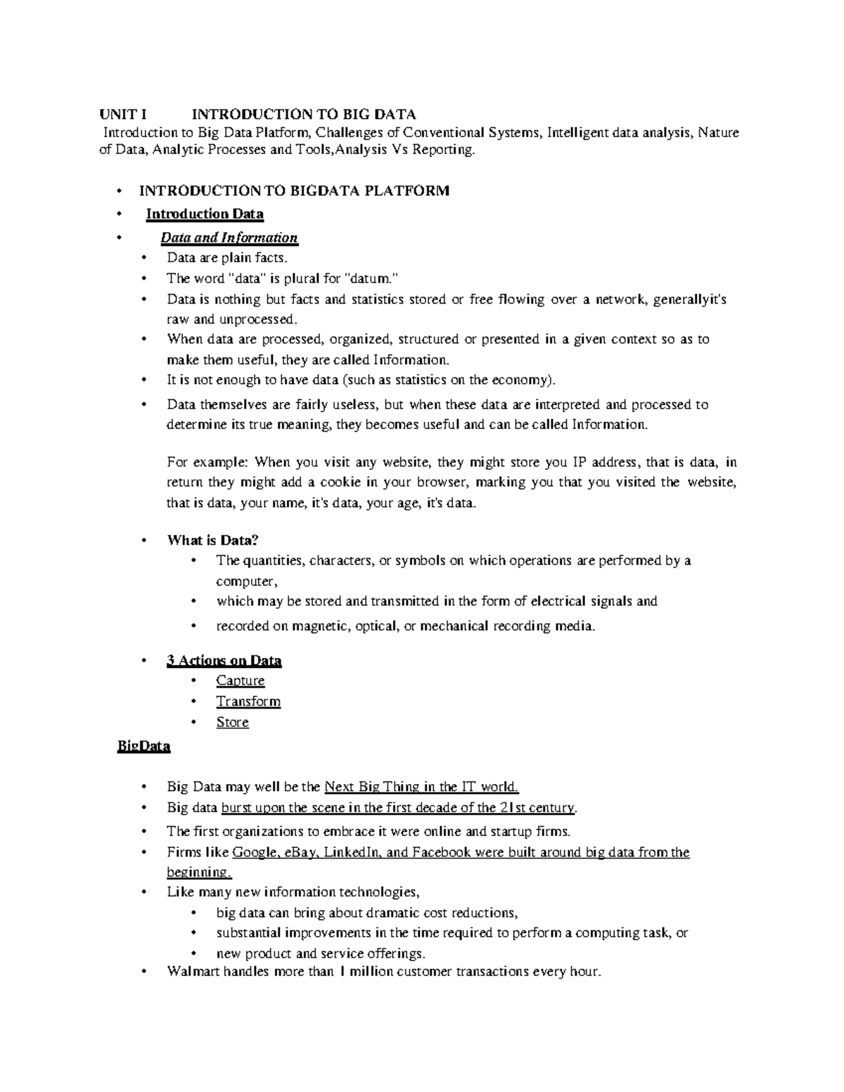 Bdaunit 1 2 - BDA UNIT-1,2 - UNIT I INTRODUCTION TO BIG DATA Introduction to Big Data Platform ...