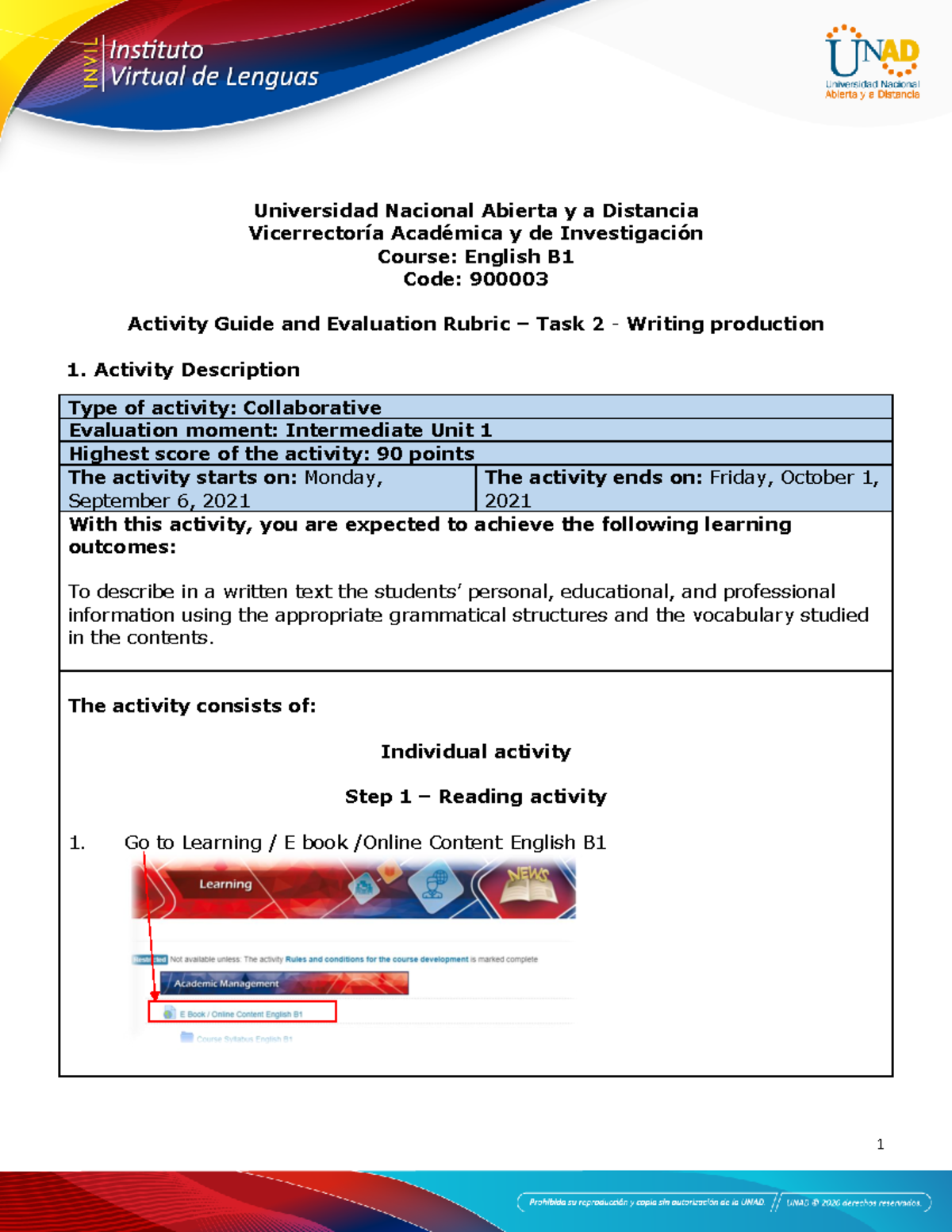 Activities guide and evaluation rubric - Unit 1 - Task 2 - Writing ...