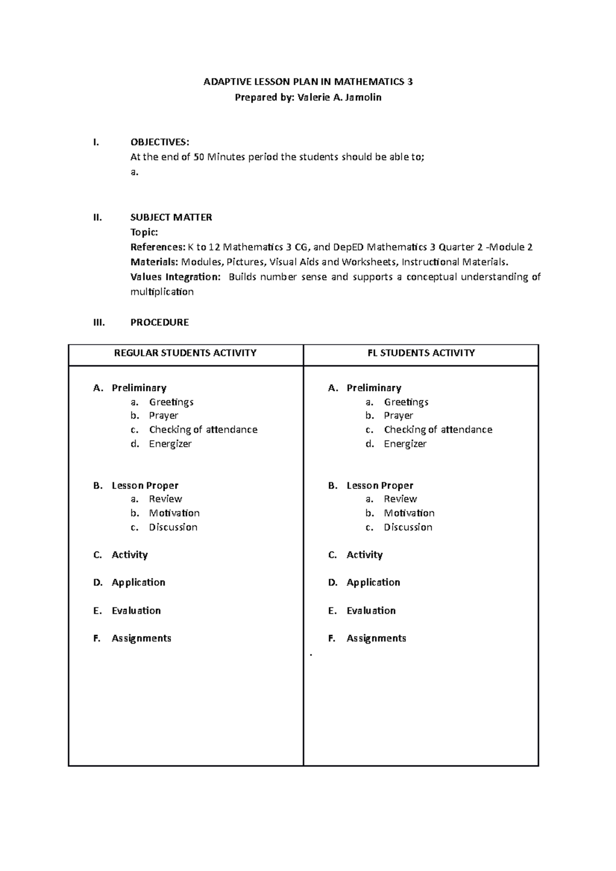 Adaptive LP format - ADAPTIVE LESSON PLAN IN MATHEMATICS 3 Prepared by ...